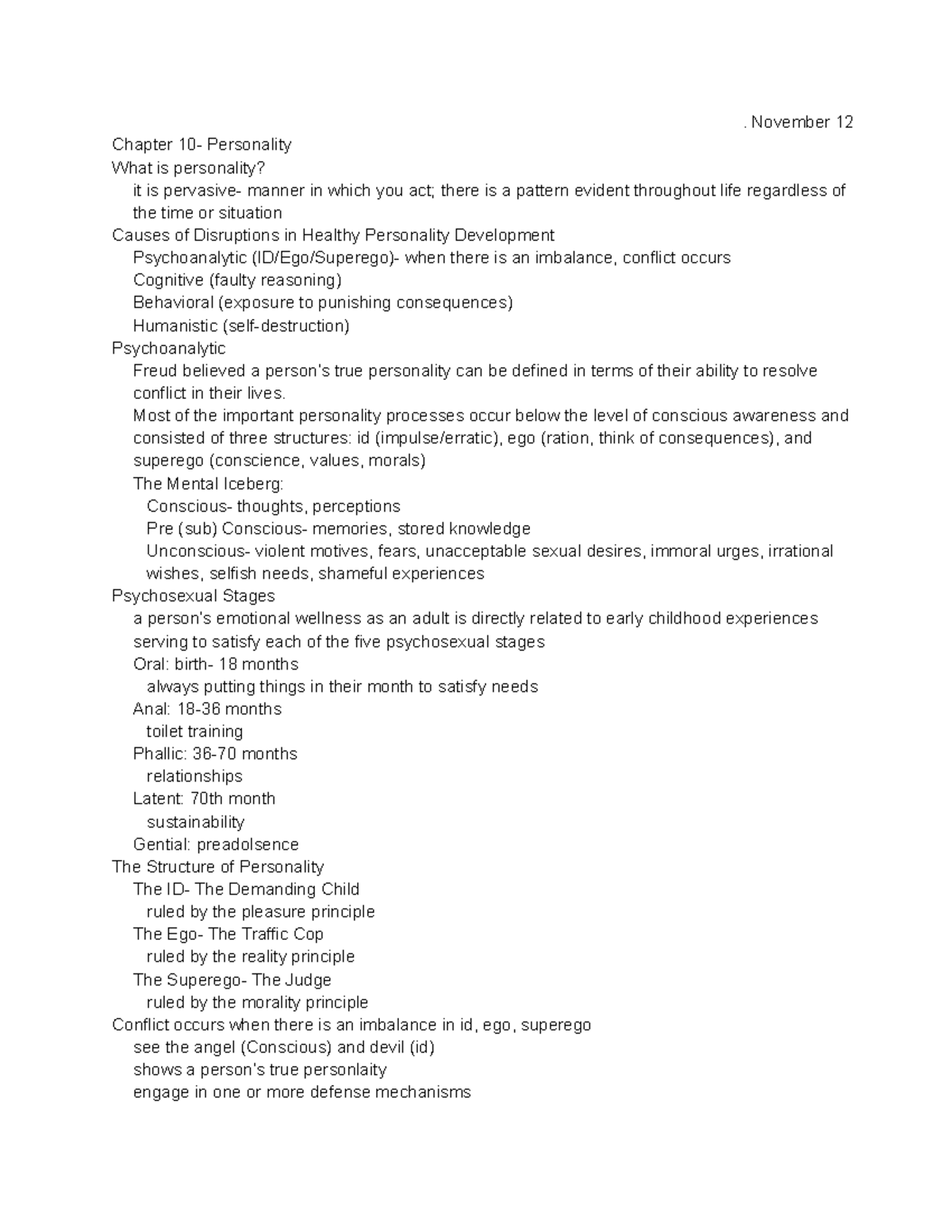 PSY 1000 - My Lecture Notes on Chapter 10- Personality (From November ...