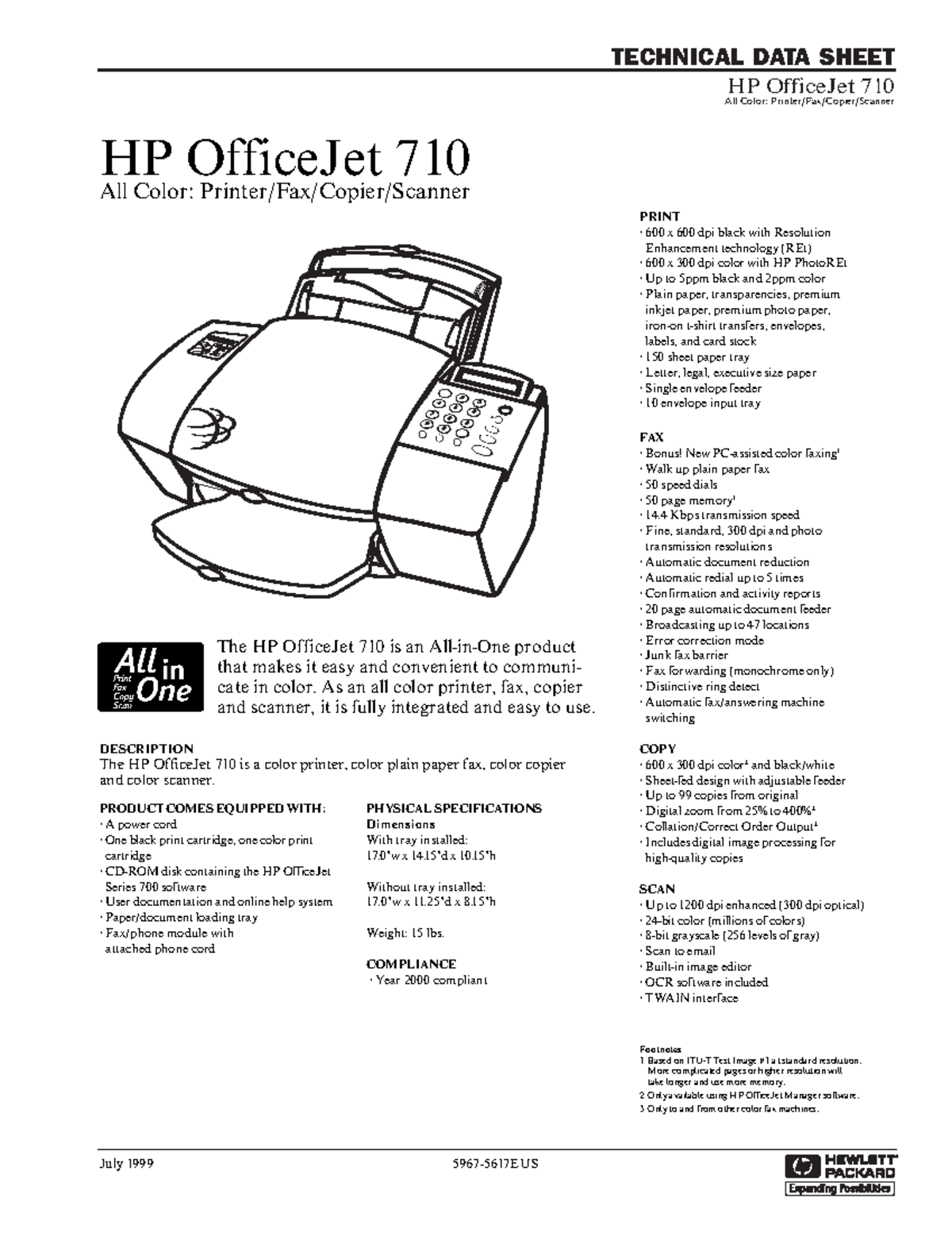 HPOffice Jet 710 - research - TECHNICAL DATA SHEET HP OfficeJet 710 All ...