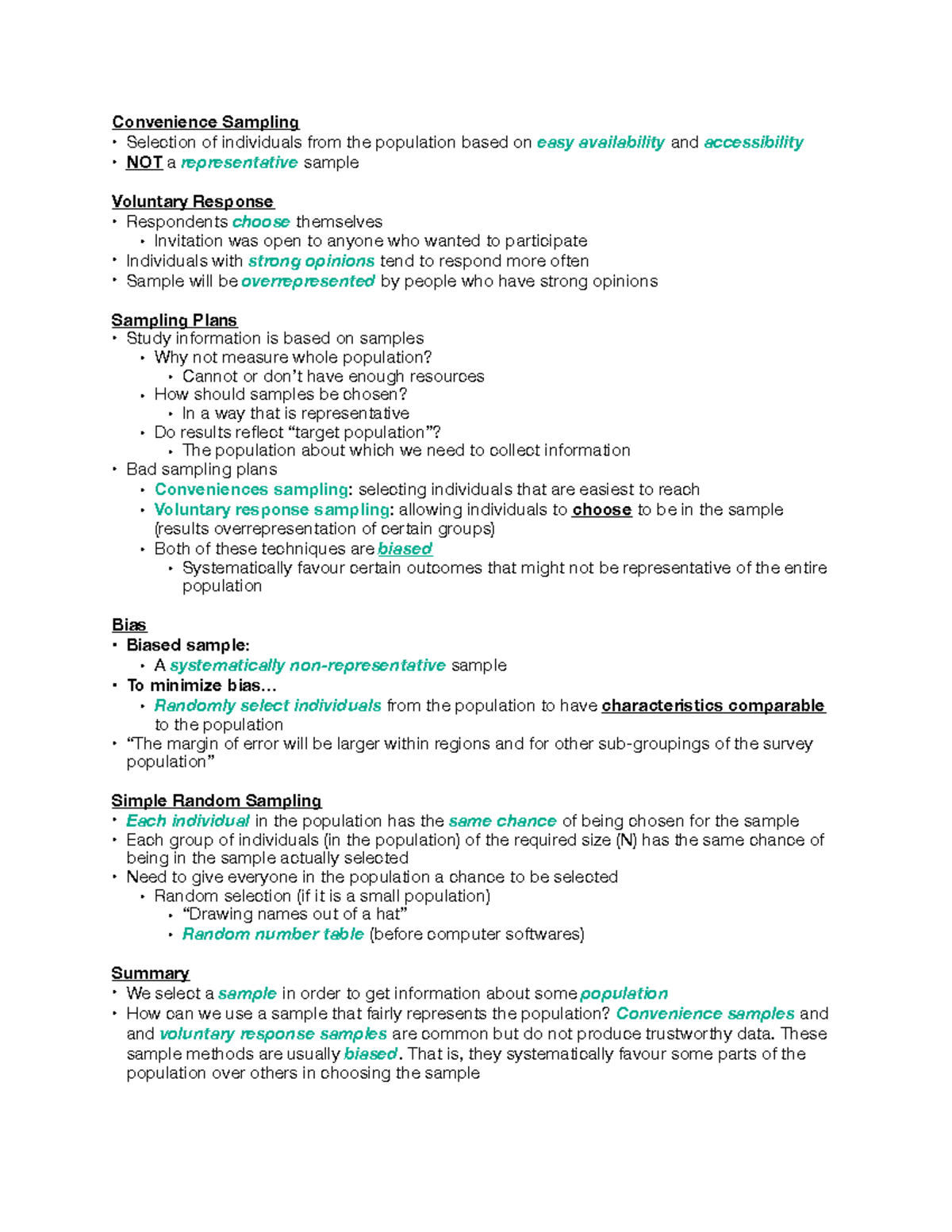 Stat 100 - Week 2 - Lecture notes 2 - Convenience Sampling Selection of ...