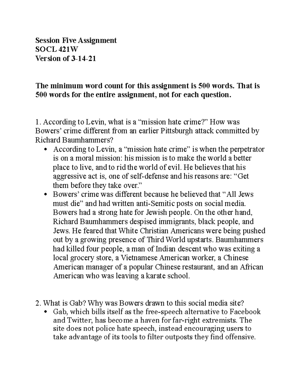 Session Five Assignment - That is 500 words for the entire assignment ...