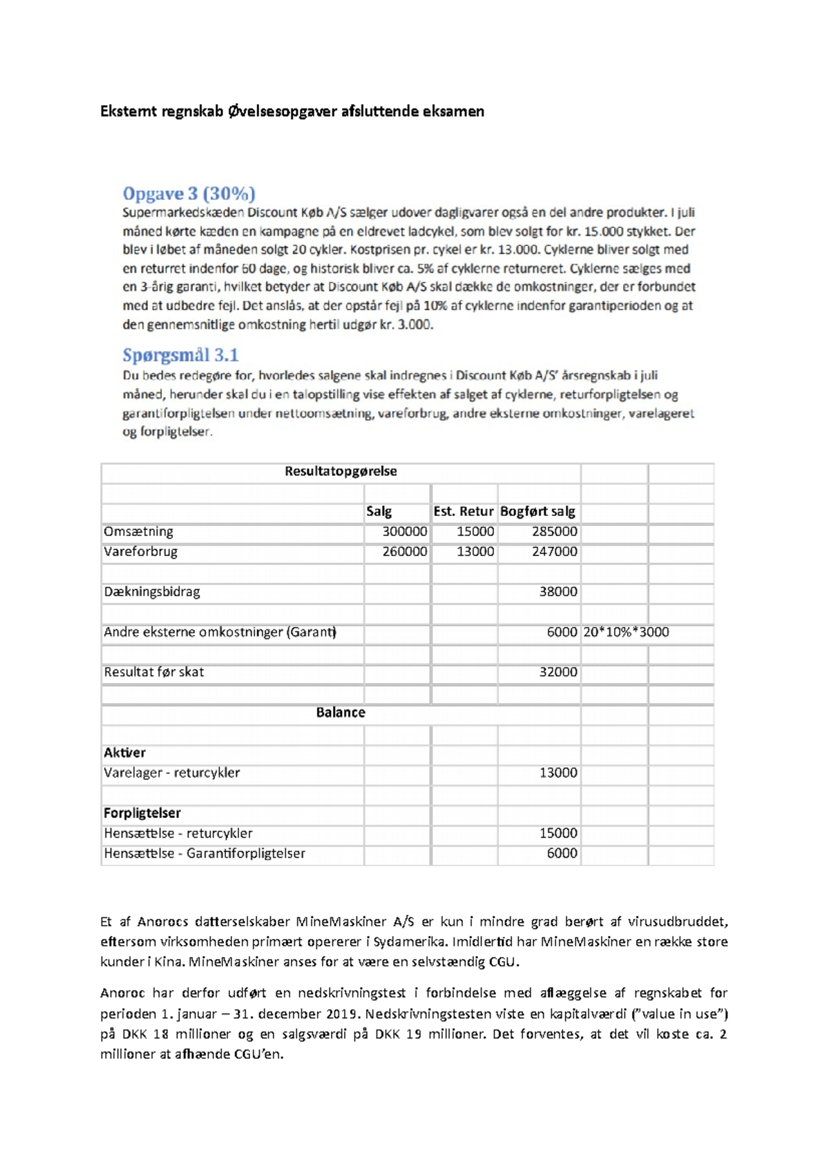 Eksternt regnskab Øvelsesopgaver afsluttende eksamen - Imidlertid har MineMaskiner en række ...