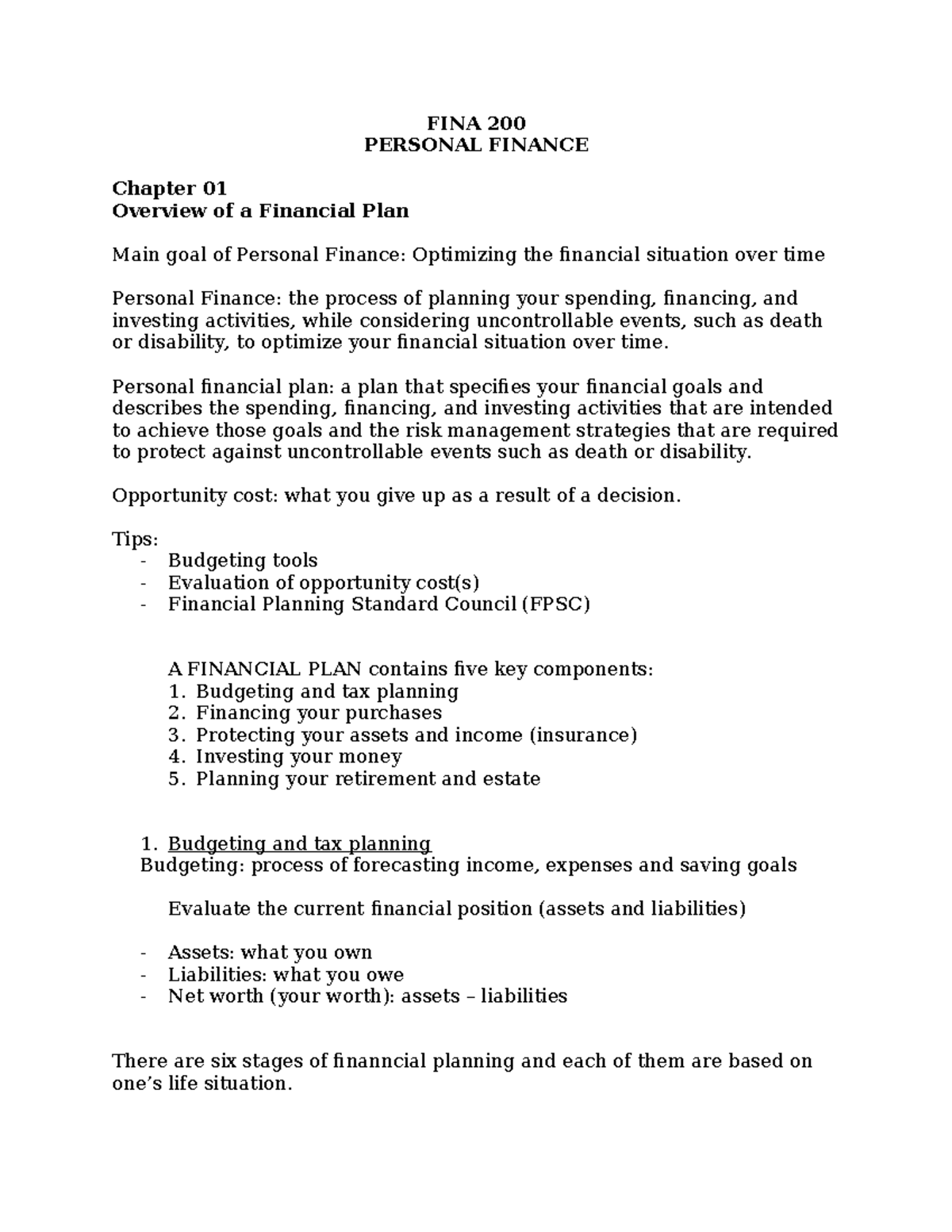 FINA200 notes - FINA 200 PERSONAL FINANCE Chapter 01 Overview of a ...