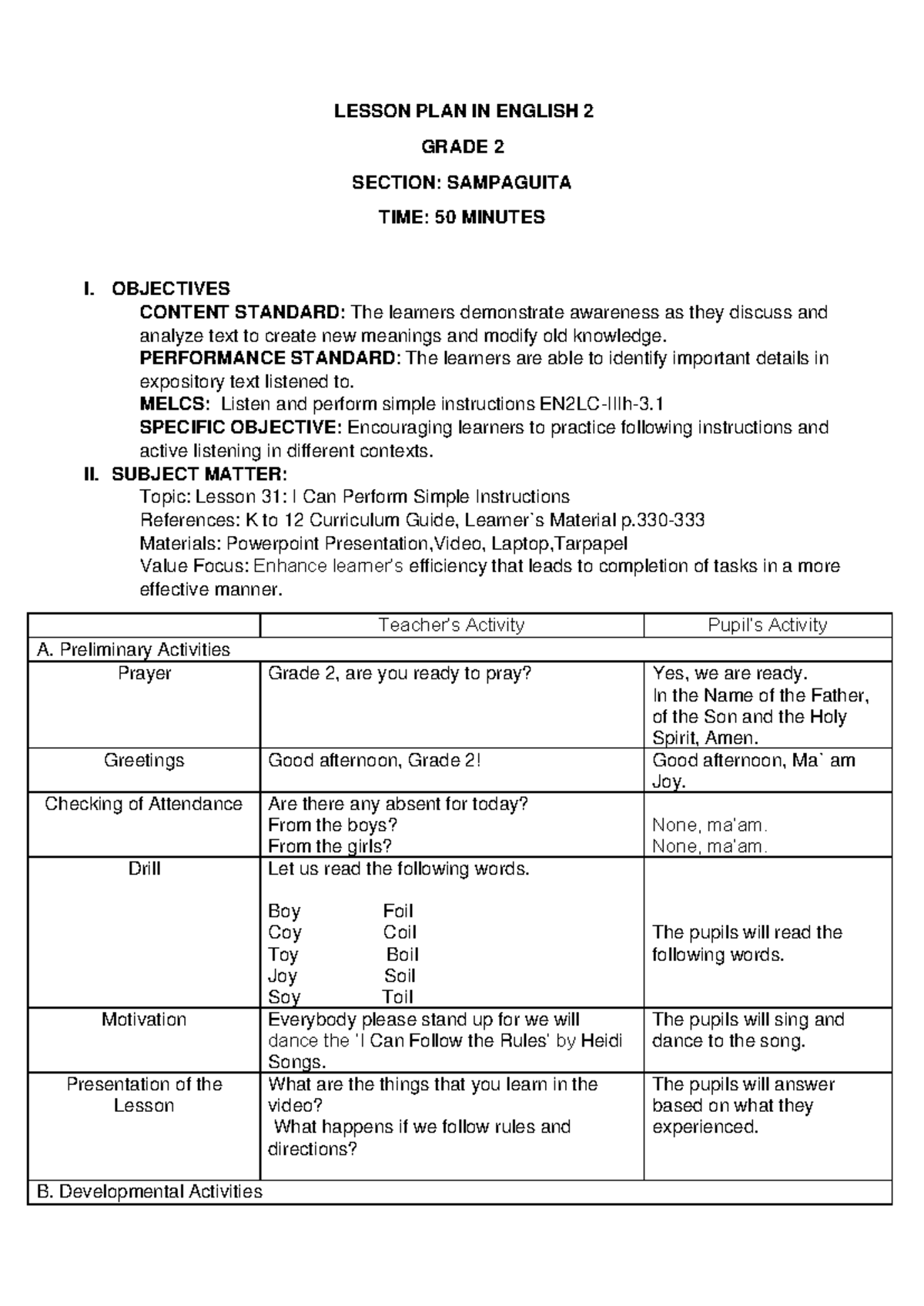 Modico-English-2- Lesson-PLAN - LESSON PLAN IN ENGLISH 2 GRADE 2 ...