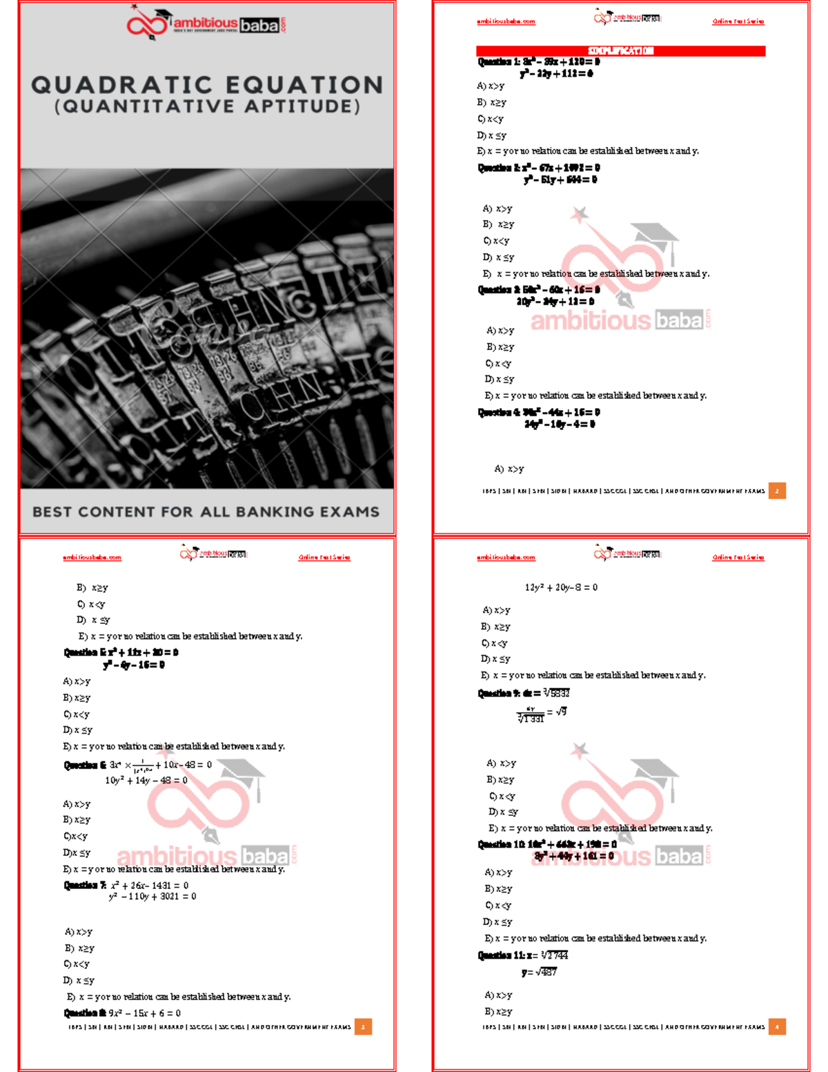 Quadratic equation Quant Questions and Answers PDF By Ambitious Baba ...