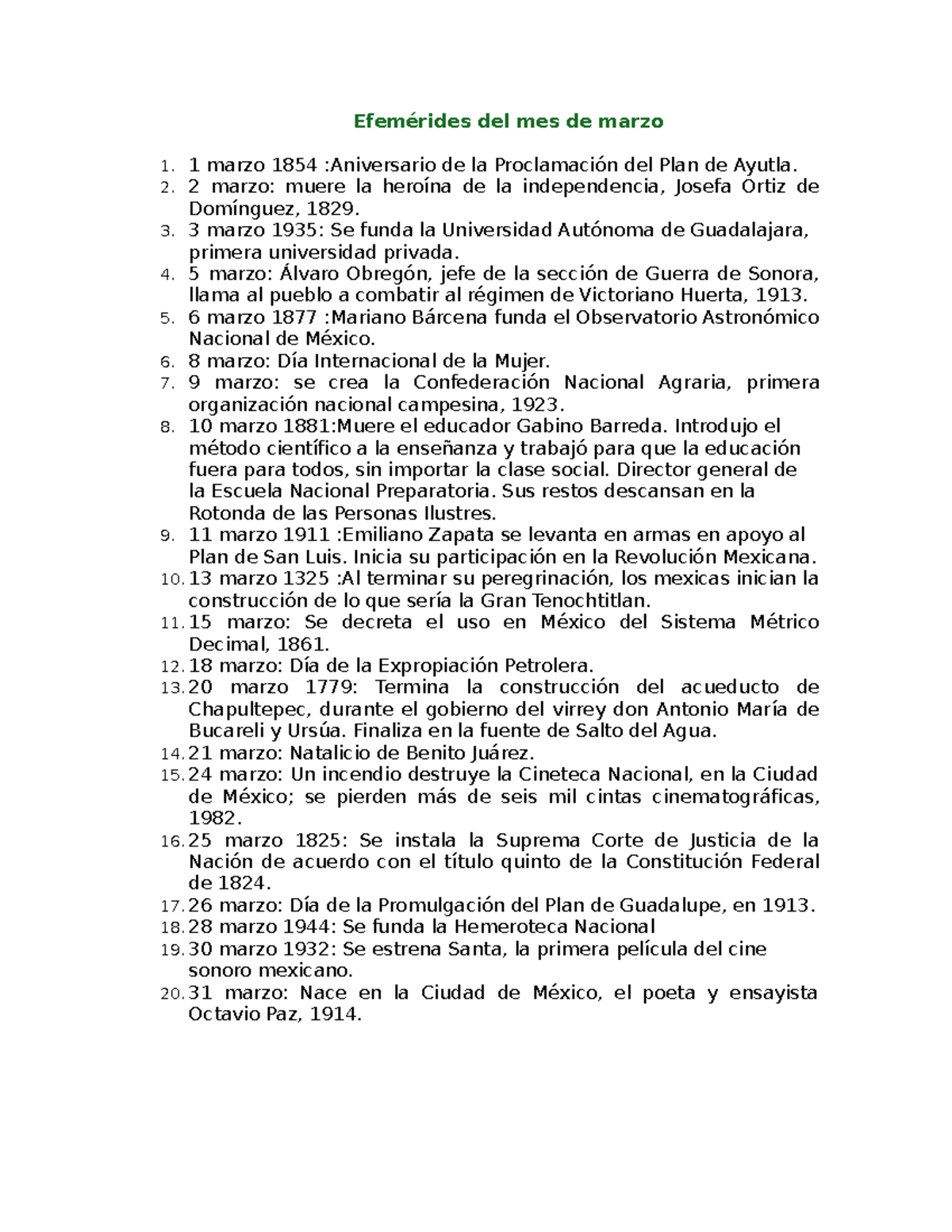 Efemérides del mes de marzo - 1 marzo 1854 :Aniversario de la Proclamación del Plan de Ayutla. 2 ...