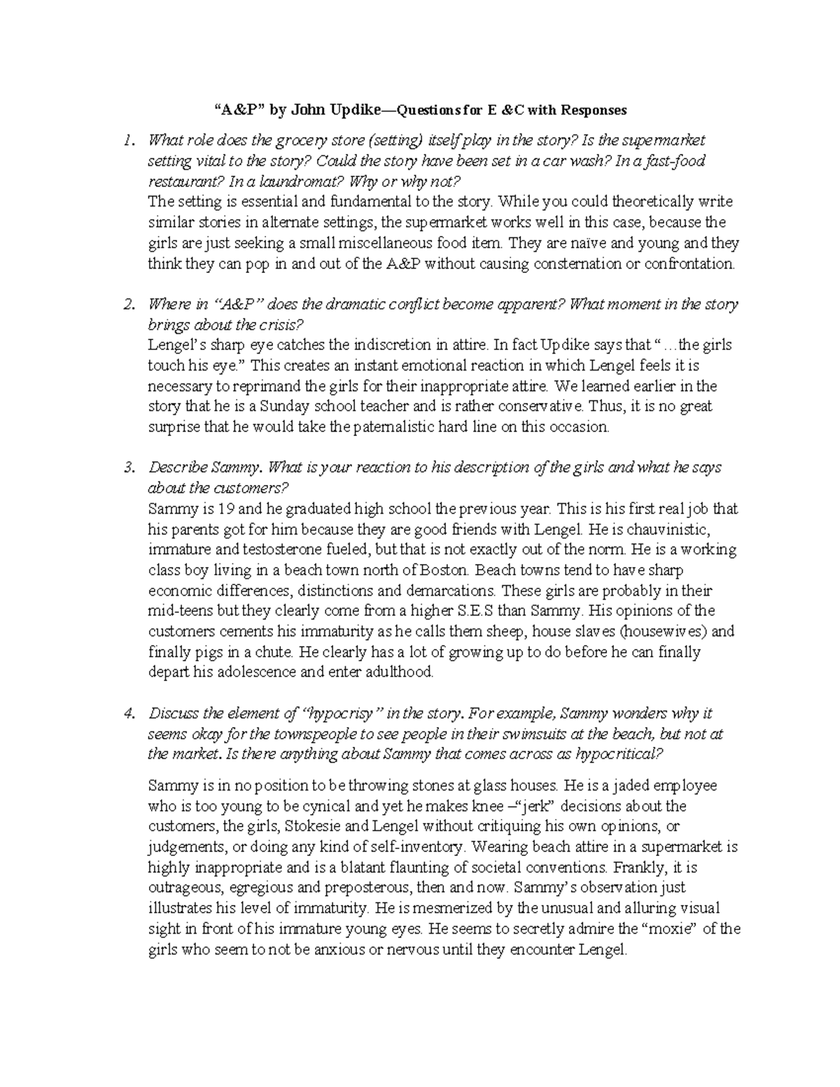 A&P by John Updike—Questions for E &C with Responses - “A&P” by John ...