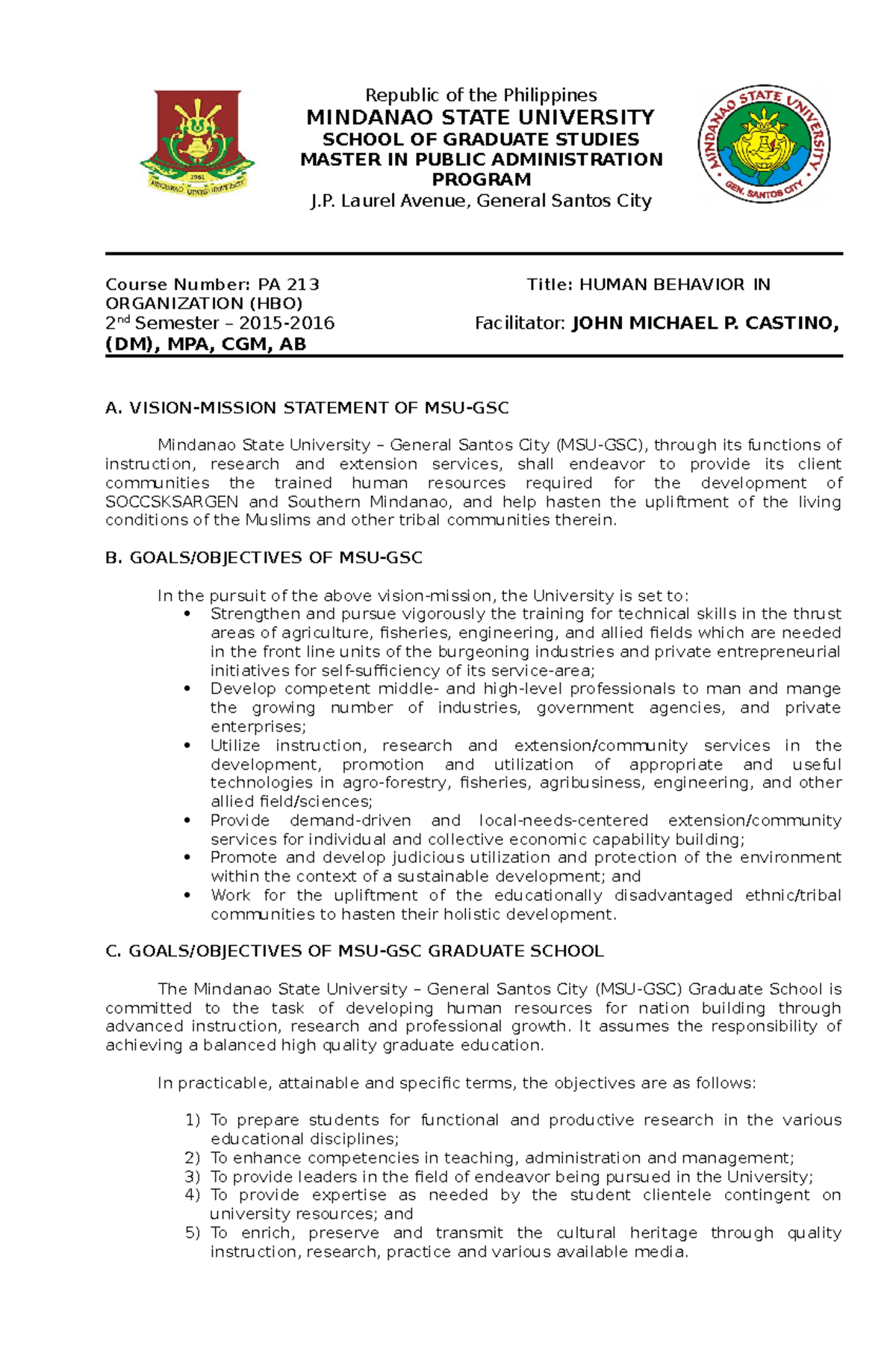 HBO-Syllabus - Syllabus for Master Class in Human Behavior - Republic ...