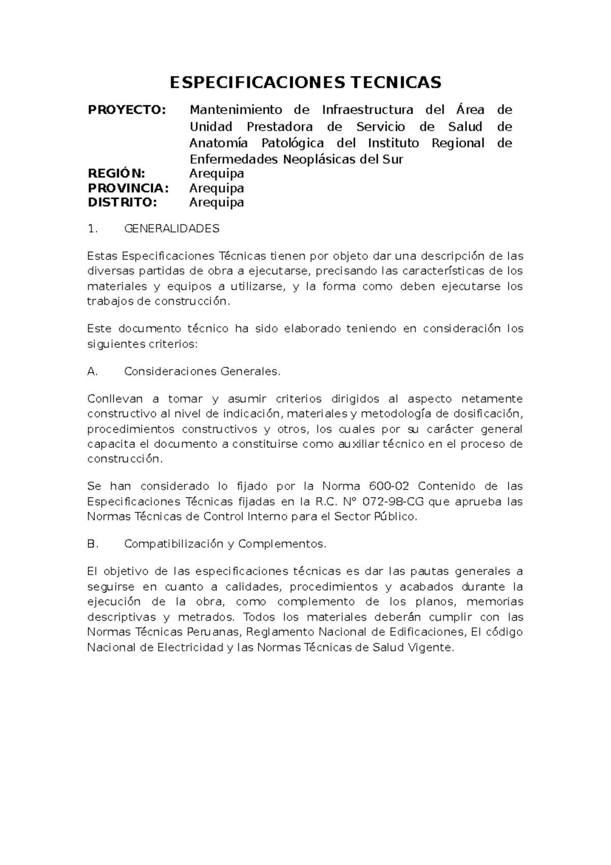 Especificaciones Técnicas Nuevo IREN - ESPECIFICACIONES TECNICAS PROYECTO: Mantenimiento de ...