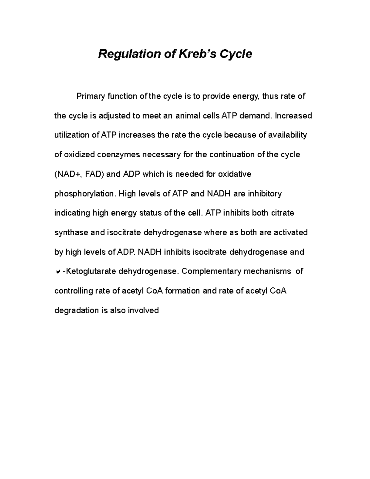 Regulation of Kreb's Cycle - Regulation of Kreb’s Cycle Primary ...