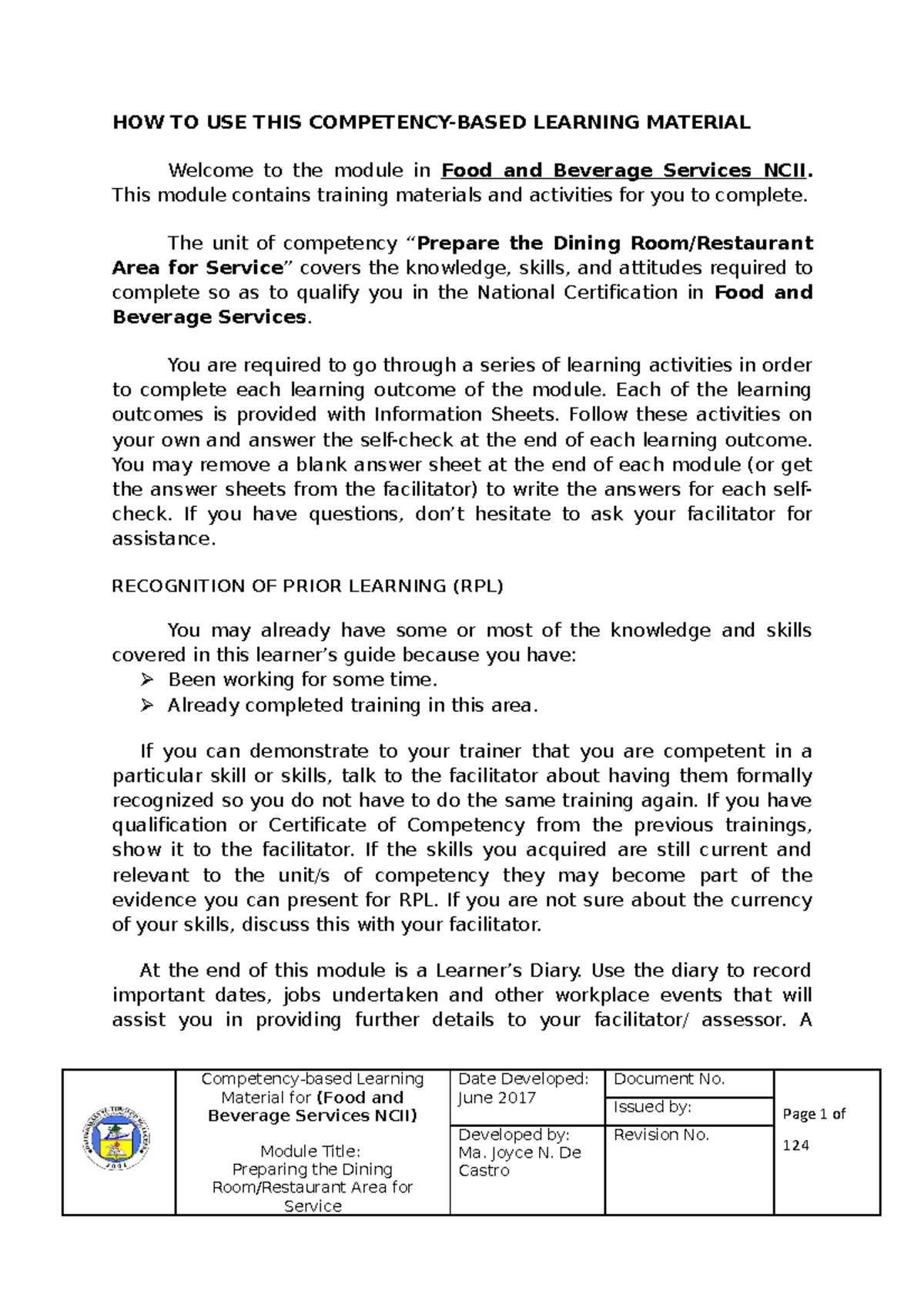 CBLM- Prepare THE Dining Res AREA FOR Service - HOW TO USE THIS ...