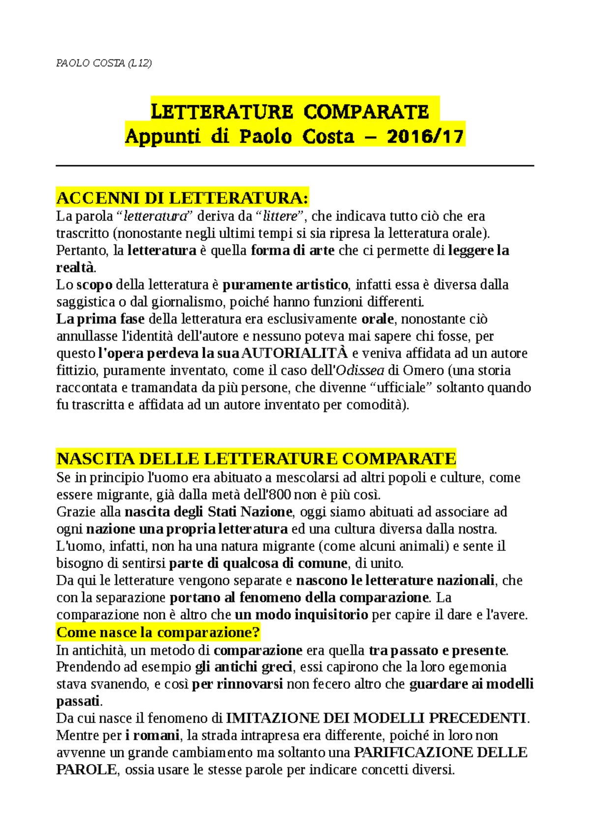 Letterature comparate 2 - LETTERATURE COMPARATE Appunti di Paolo Costa ...