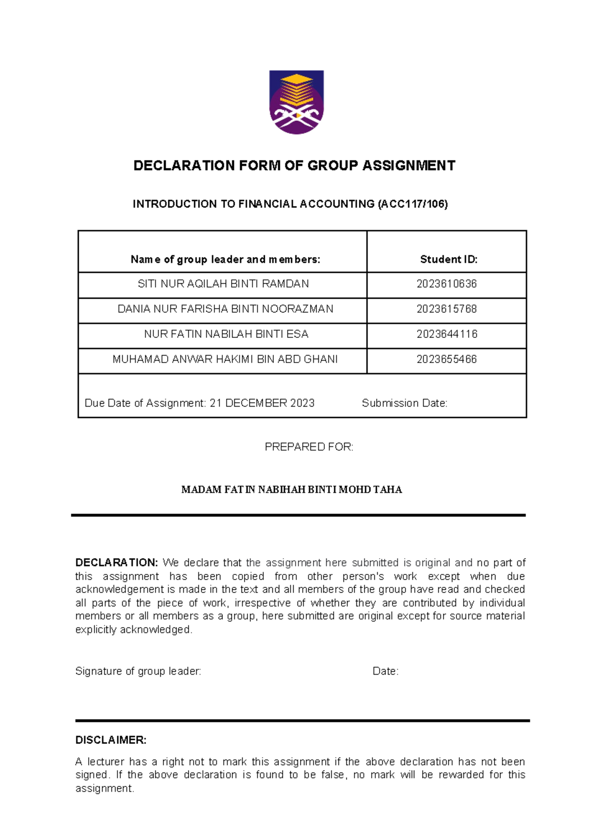 ACC 117 Group Project - DECLARATION FORM OF GROUP ASSIGNMENT ...