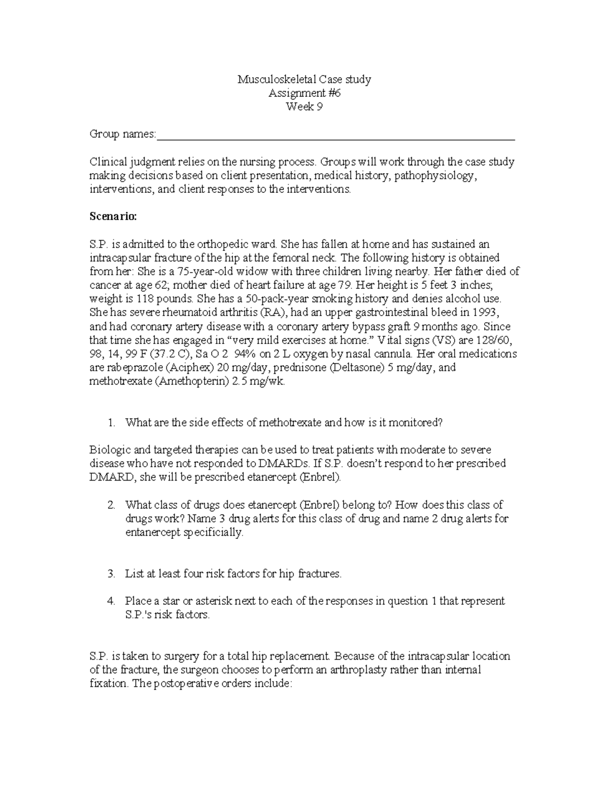 Musculoskeletal Case study Week 9 - Musculoskeletal Case study ...