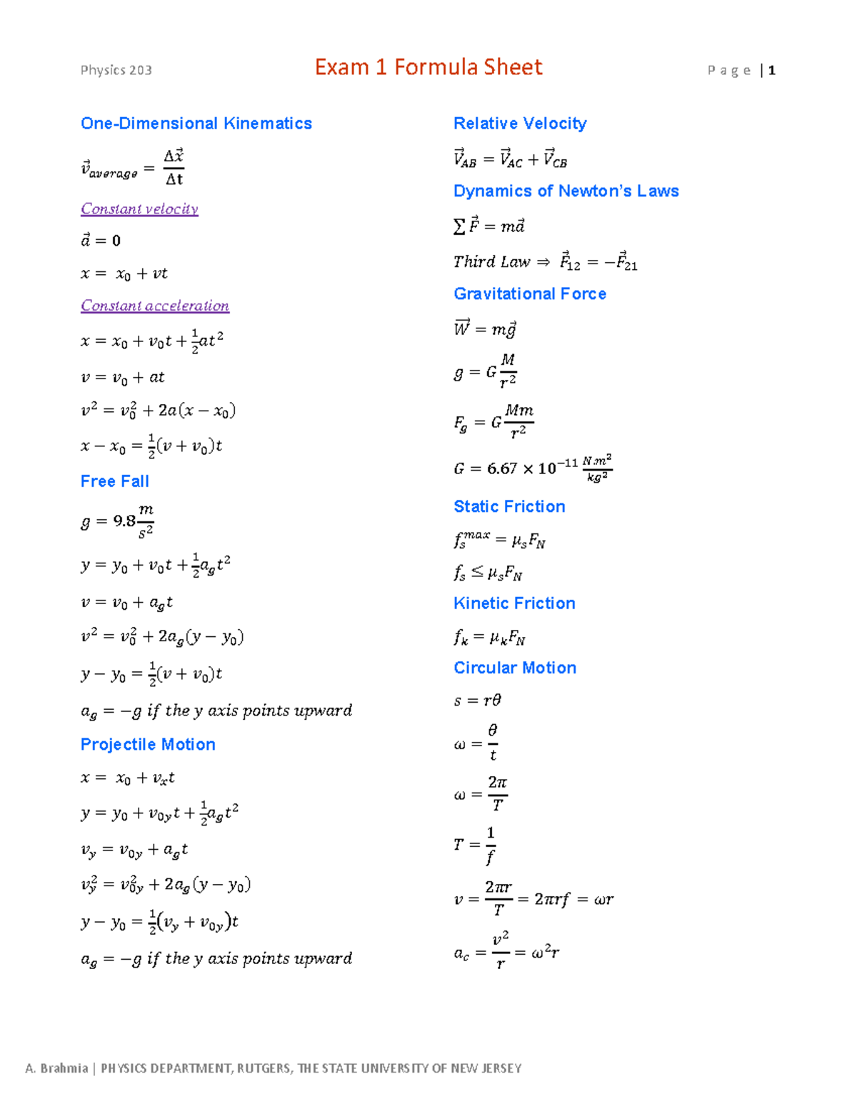 Formula S203 ex1 - equation sheet - Physics 203 Exam 1 Formula Sheet P ...