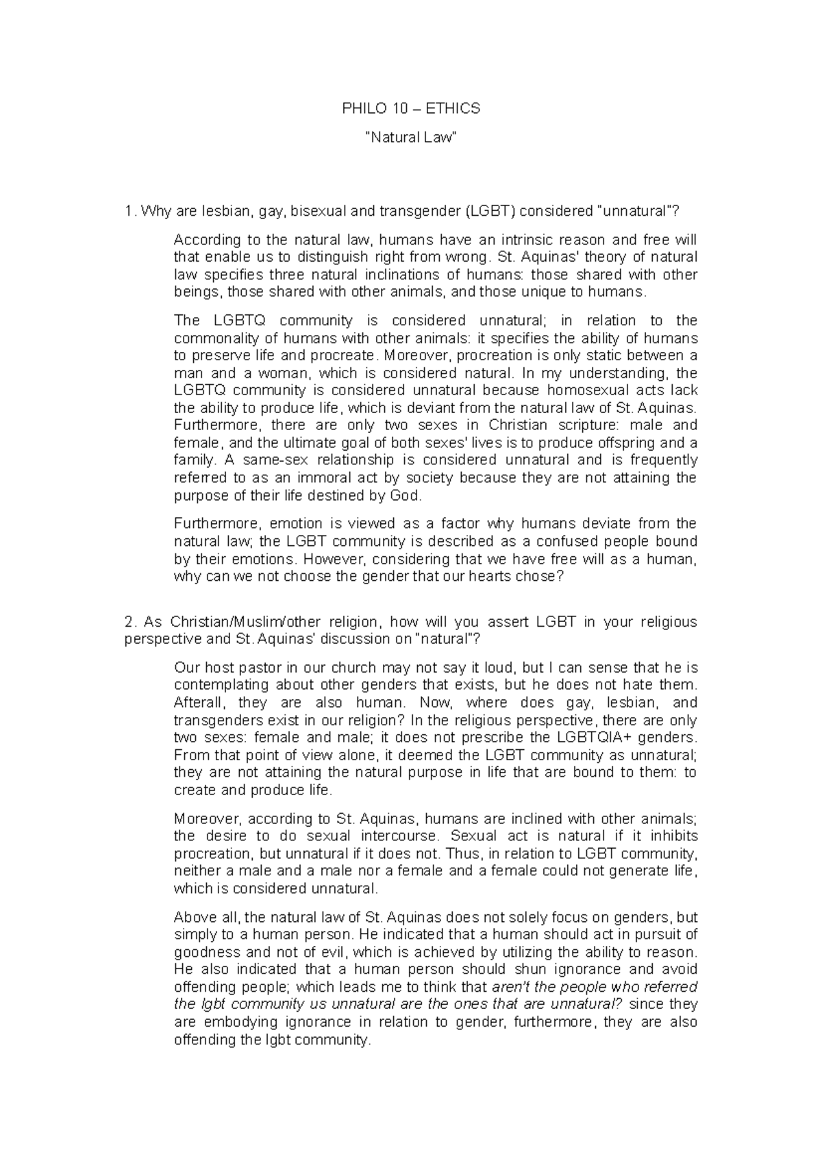 Philo 10 – Ethics Natural LAW - PHILO 10 – ETHICS “Natural Law” Why are ...