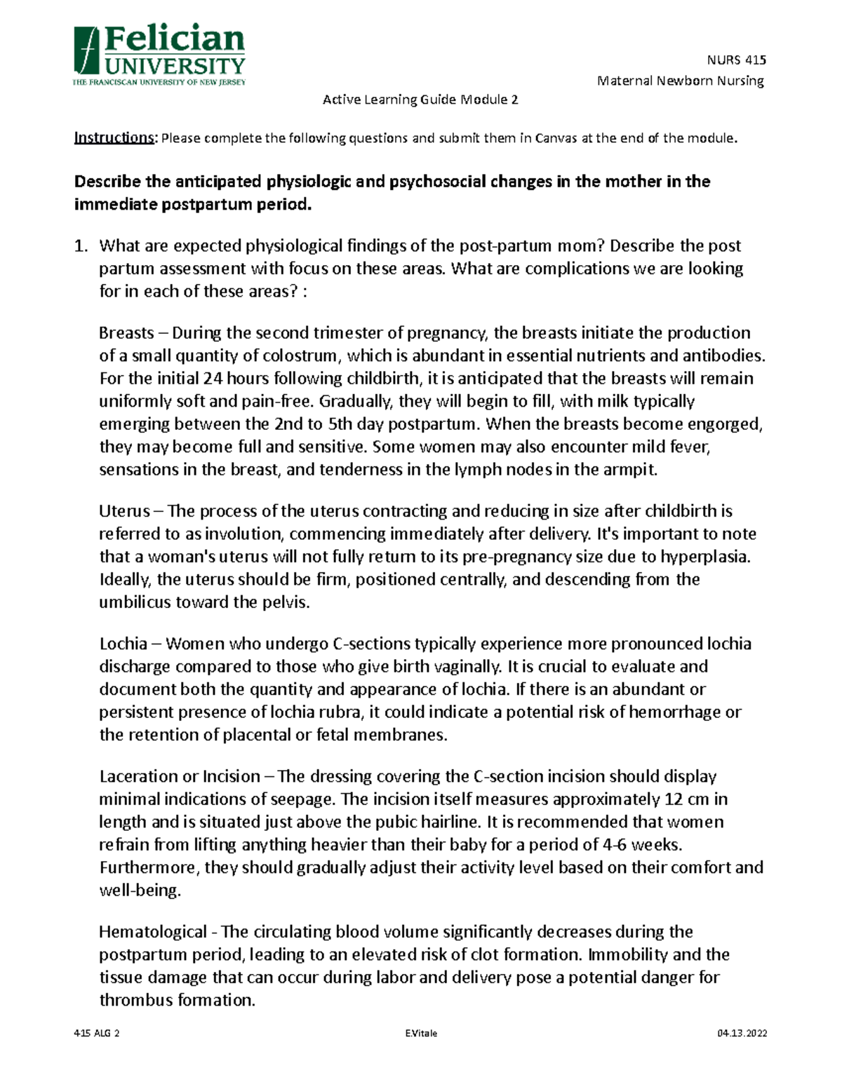 Active Learning Guide - Module 2 - NURS 415 Maternal Newborn Nursing Active Learning Guide ...