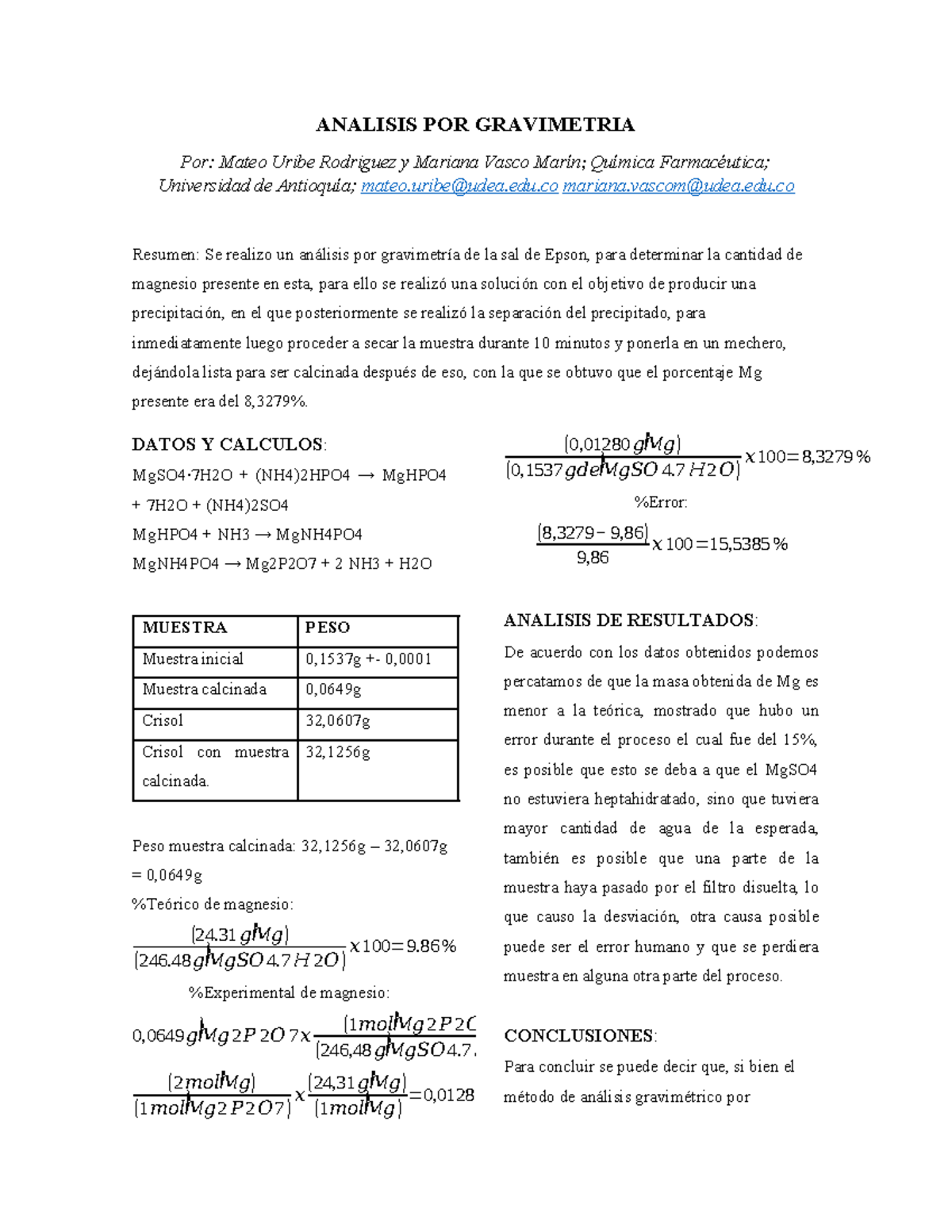 Análisis gravimétrico - ANALISIS POR GRAVIMETRIA Por: Mateo Uribe ...