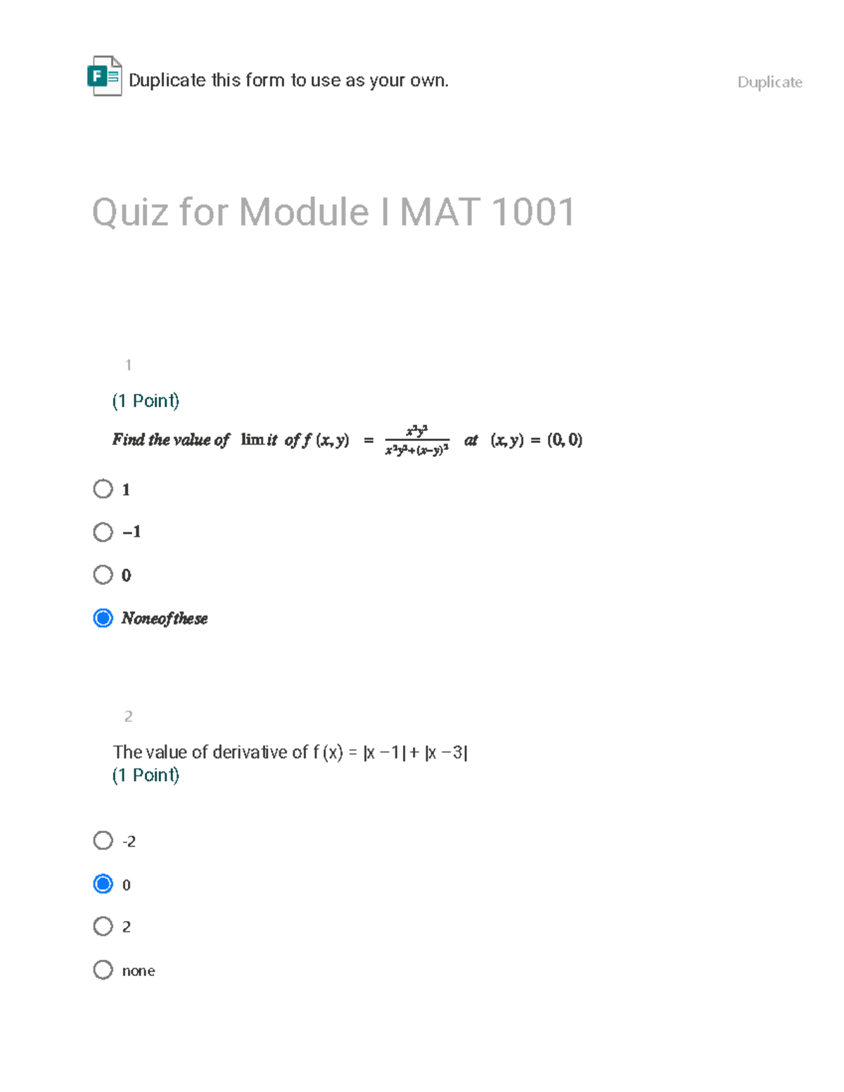 Quiz for Module I MAT 1001 (Preview) Microsoft Forms - Duplicate this ...