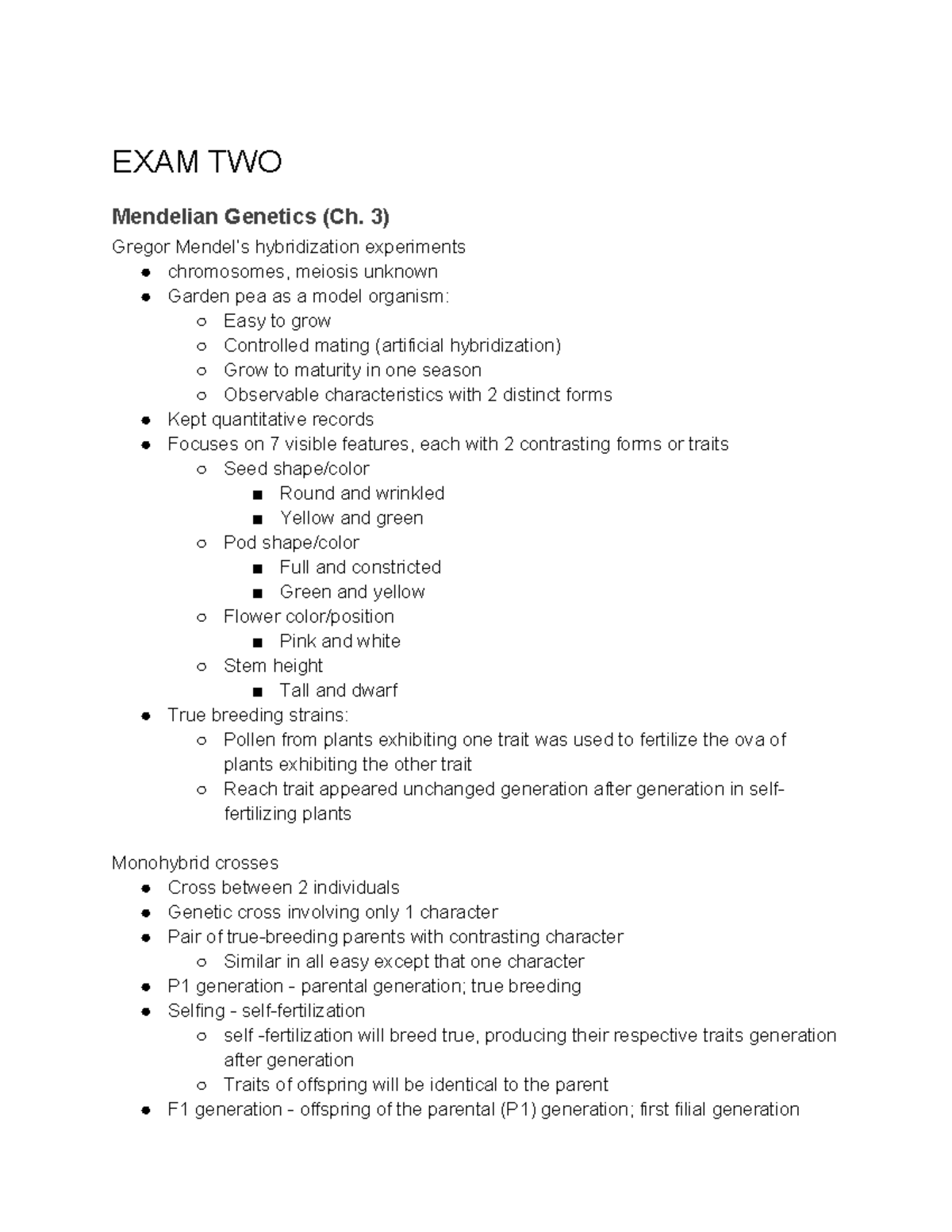 Exam 2 lecture notes - EXAM TWO Mendelian Genetics (Ch. 3) Gregor ...