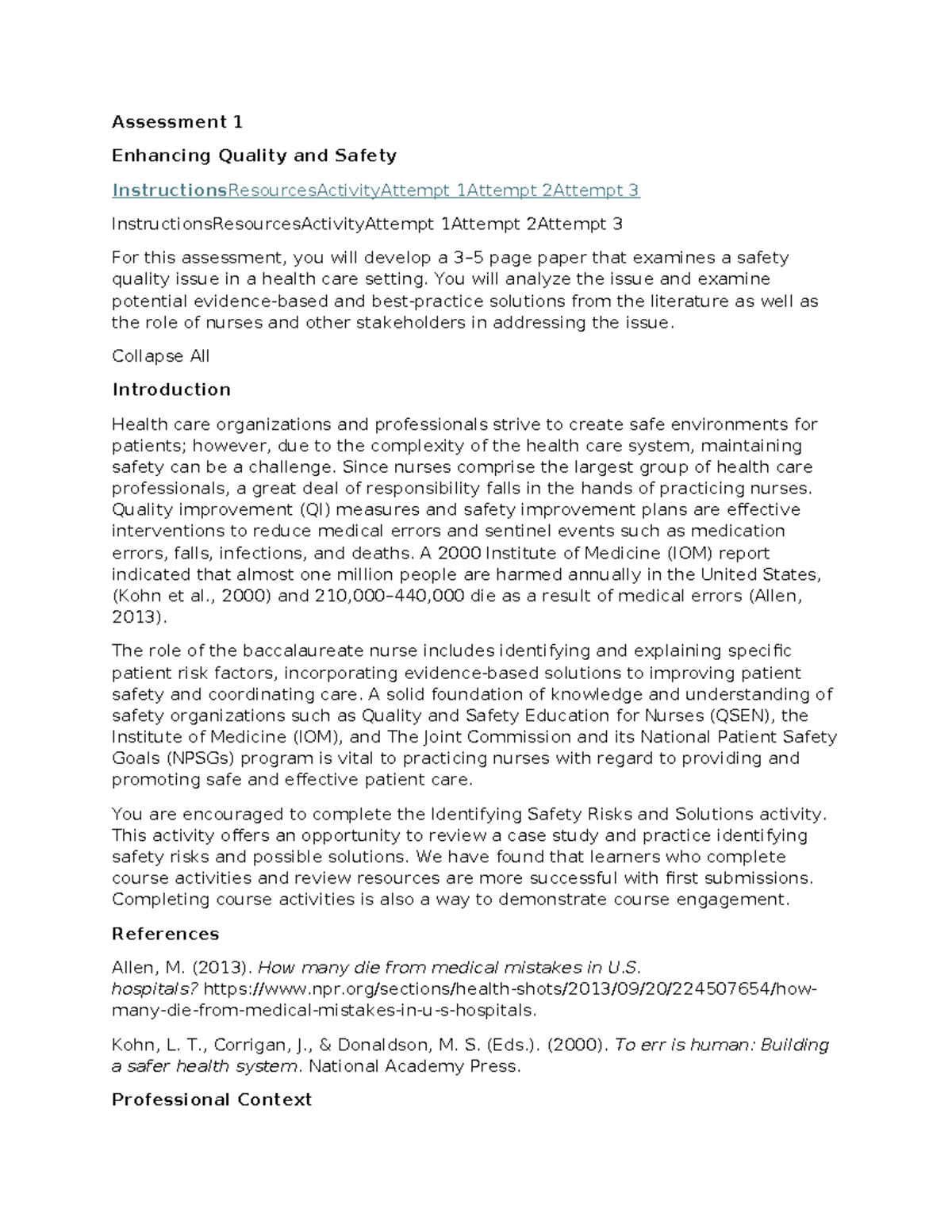 Assessment 14020 - assignment - Assessment 1 Enhancing Quality and Safety - Studocu