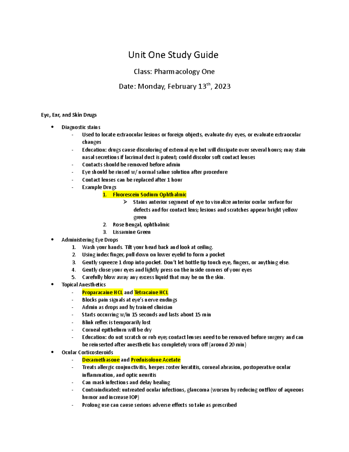 Unit One Study Guide Pharm - Unit One Study Guide Class: Pharmacology One Date: Monday, February ...