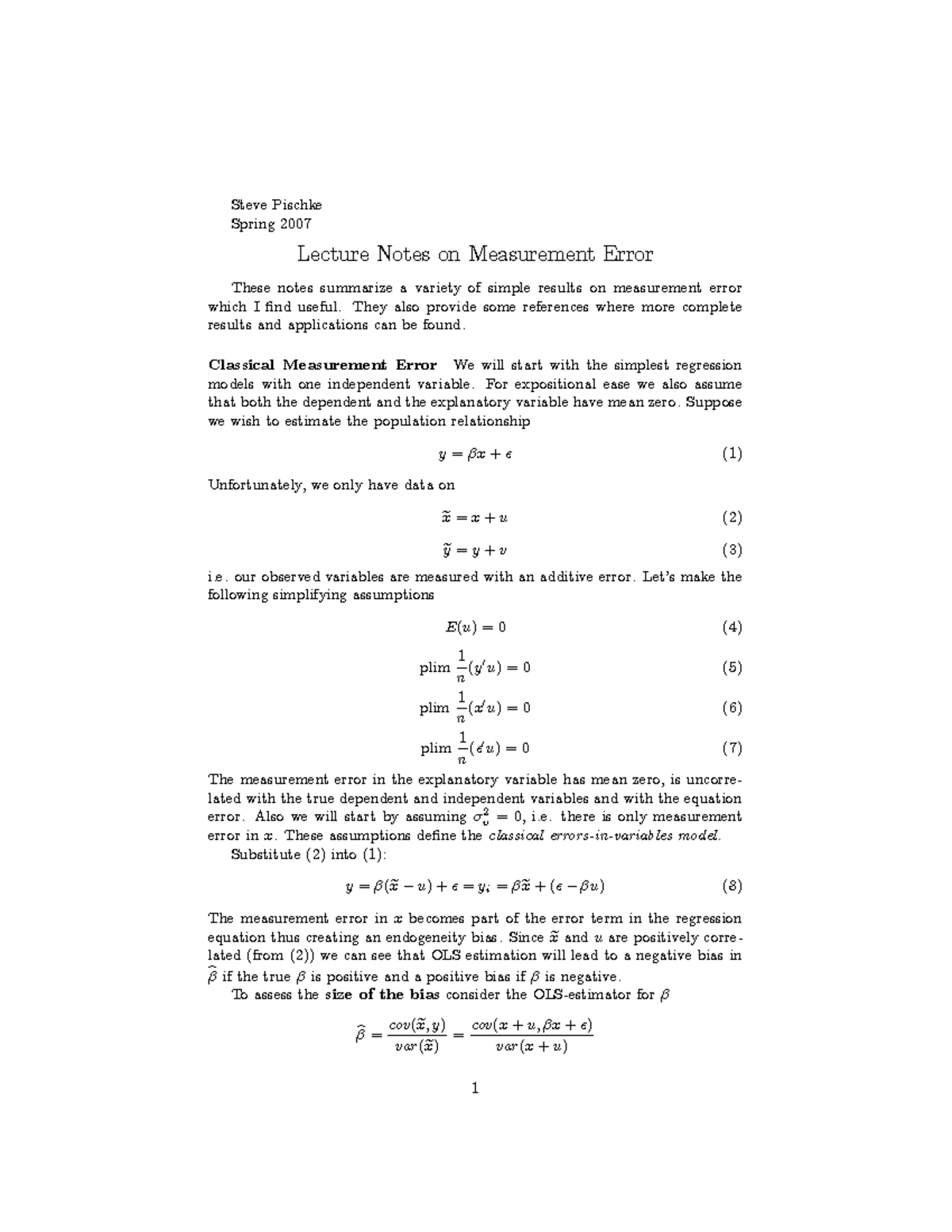 Merr new - Steve Pischke Spring 2007 Lecture Notes on Measurement Error ...
