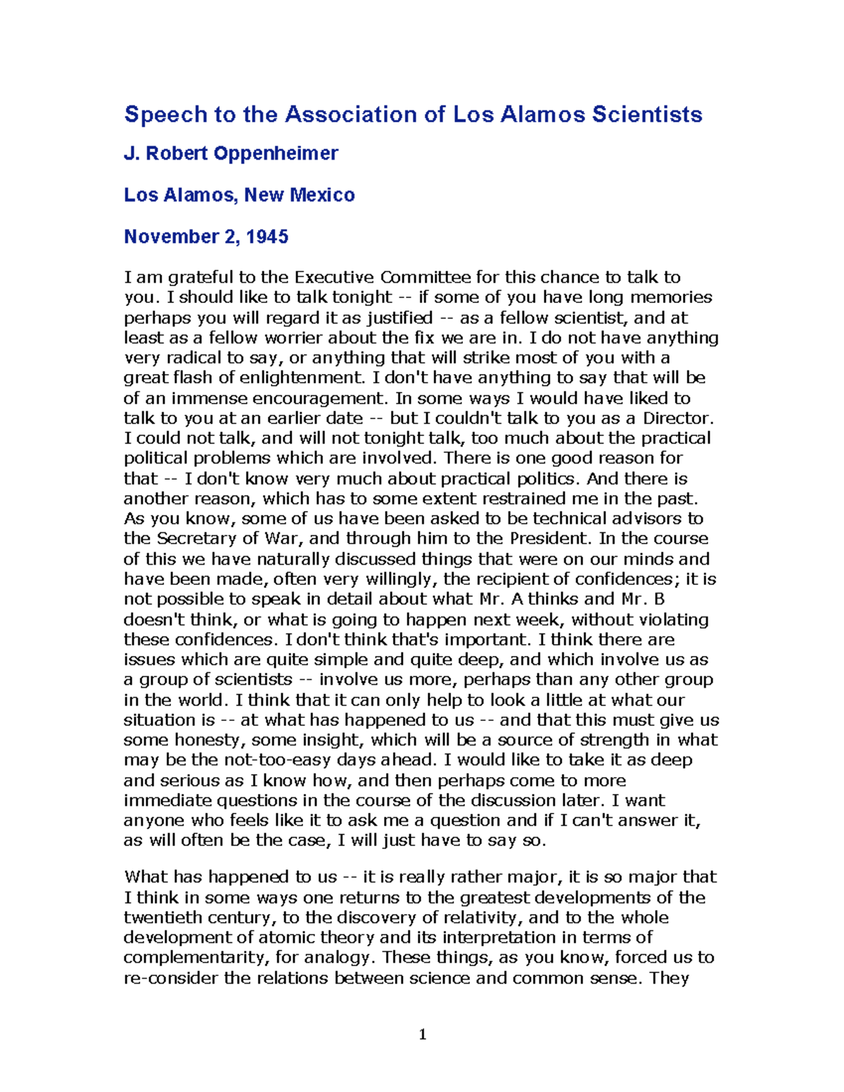 Oppenheimer 1945 - Lecture notes 14 - Speech to the Association of Los ...