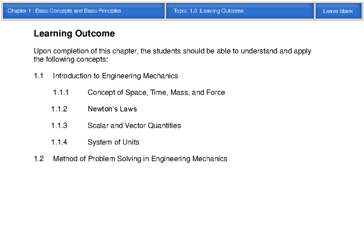 MEC111-Chapter 1 - Statics engineering - Learning Outcome Upon ...