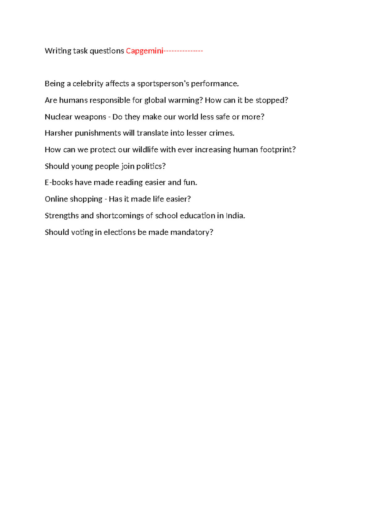 Writing Task Questions CGMN - Writing task questions Capgemini- Being a ...