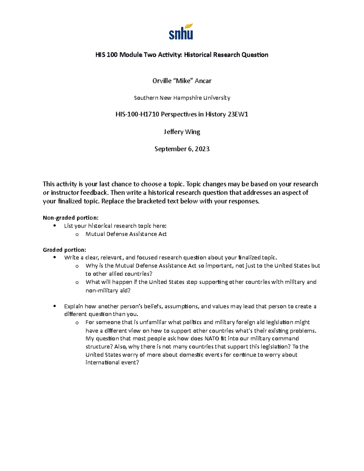 Historical Research Question - HIS 100 Module Two Activity: Historical ...