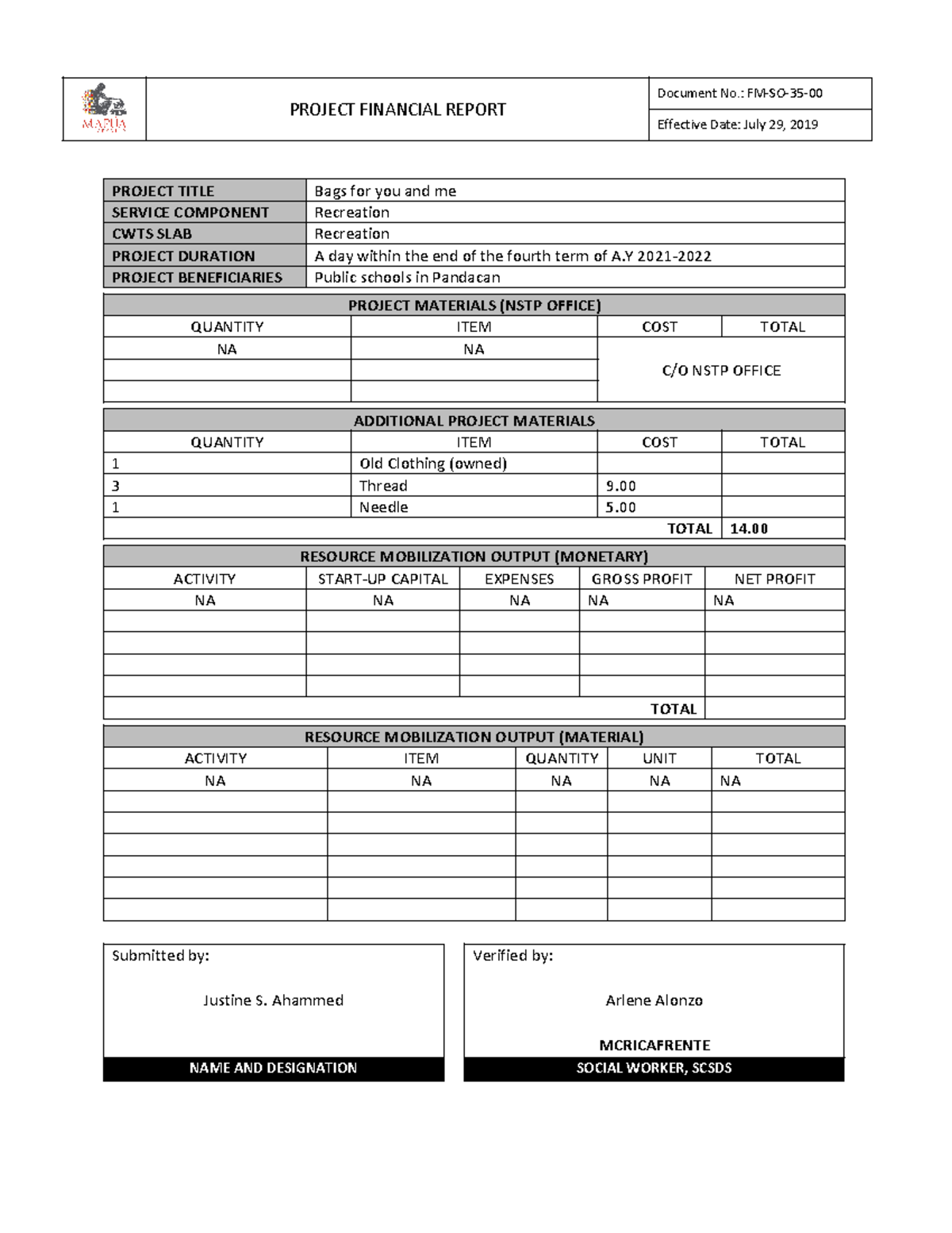 Ahammed Project Financial Report - Calculus 1 - Mapúa - StuDocu