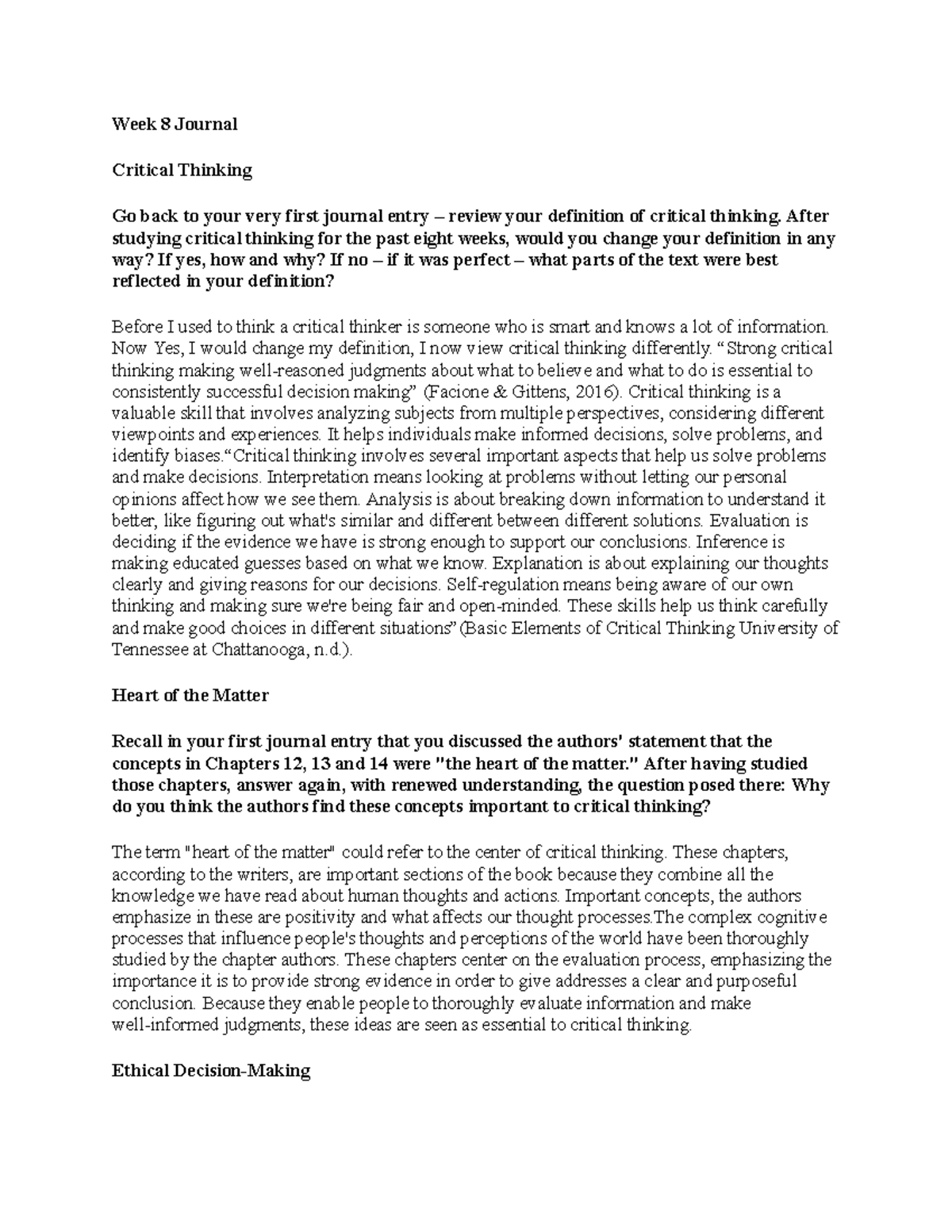 Week 8 journal final - Week 8 Journal Critical Thinking Go back to your ...