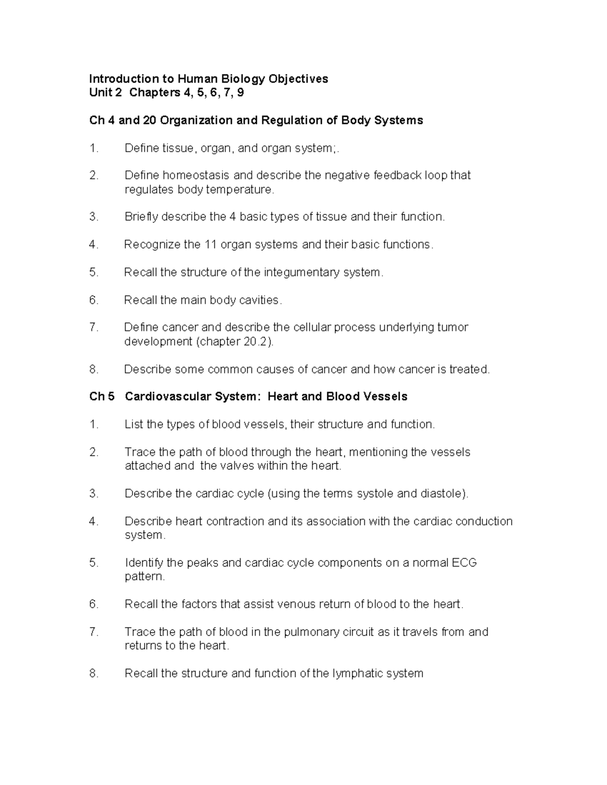 Unit 2 Objectives Ch 4-9 - Introduction to Human Biology Objectives ...