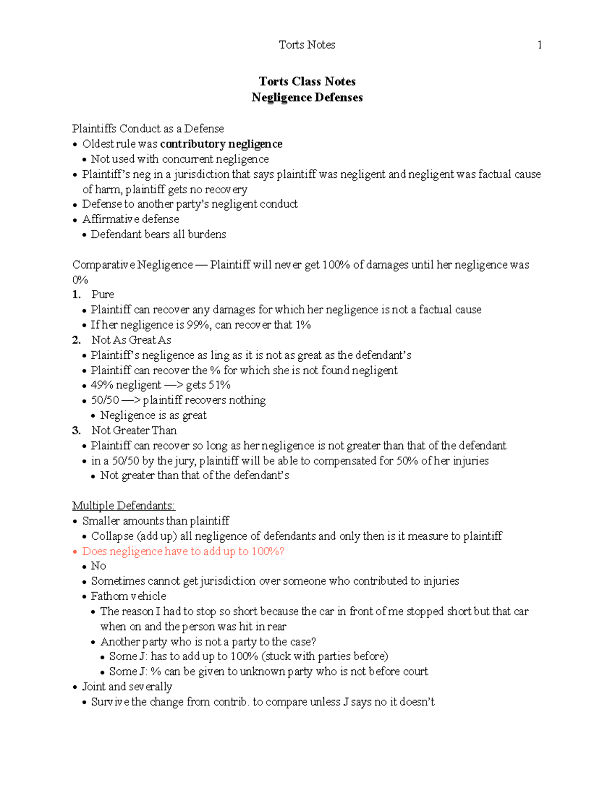 Negligence Defenses - Torts Class Notes Negligence Defenses Plaintiffs ...