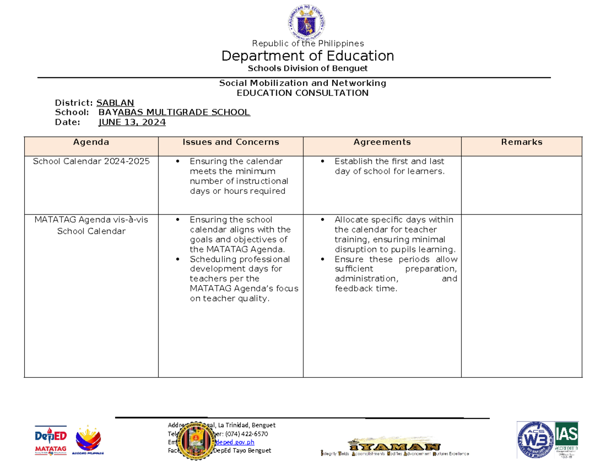 PTA Education Consultation Form - Address: Wangal, La Trinidad, Benguet Telephone Number: (074 ...
