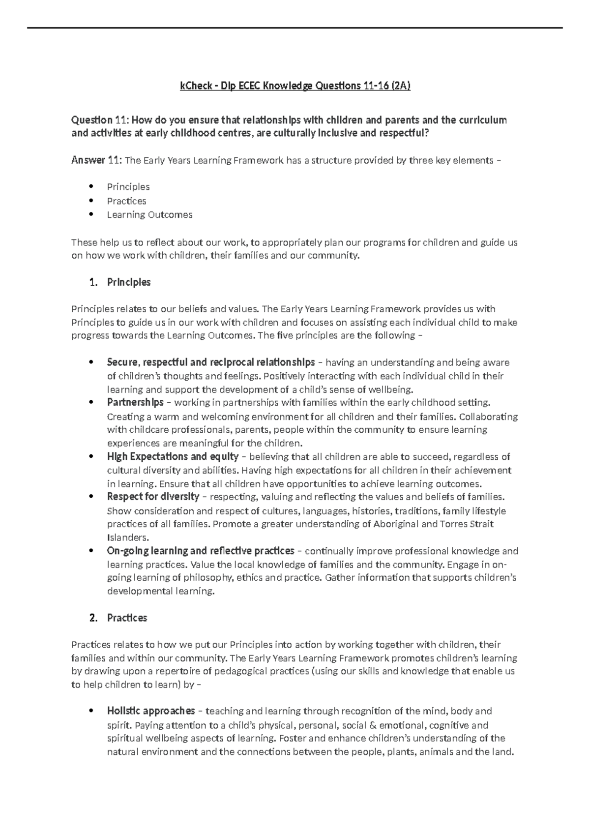 Check - Dip ECEC Knowledge Questions - Principles Principles relates to ...