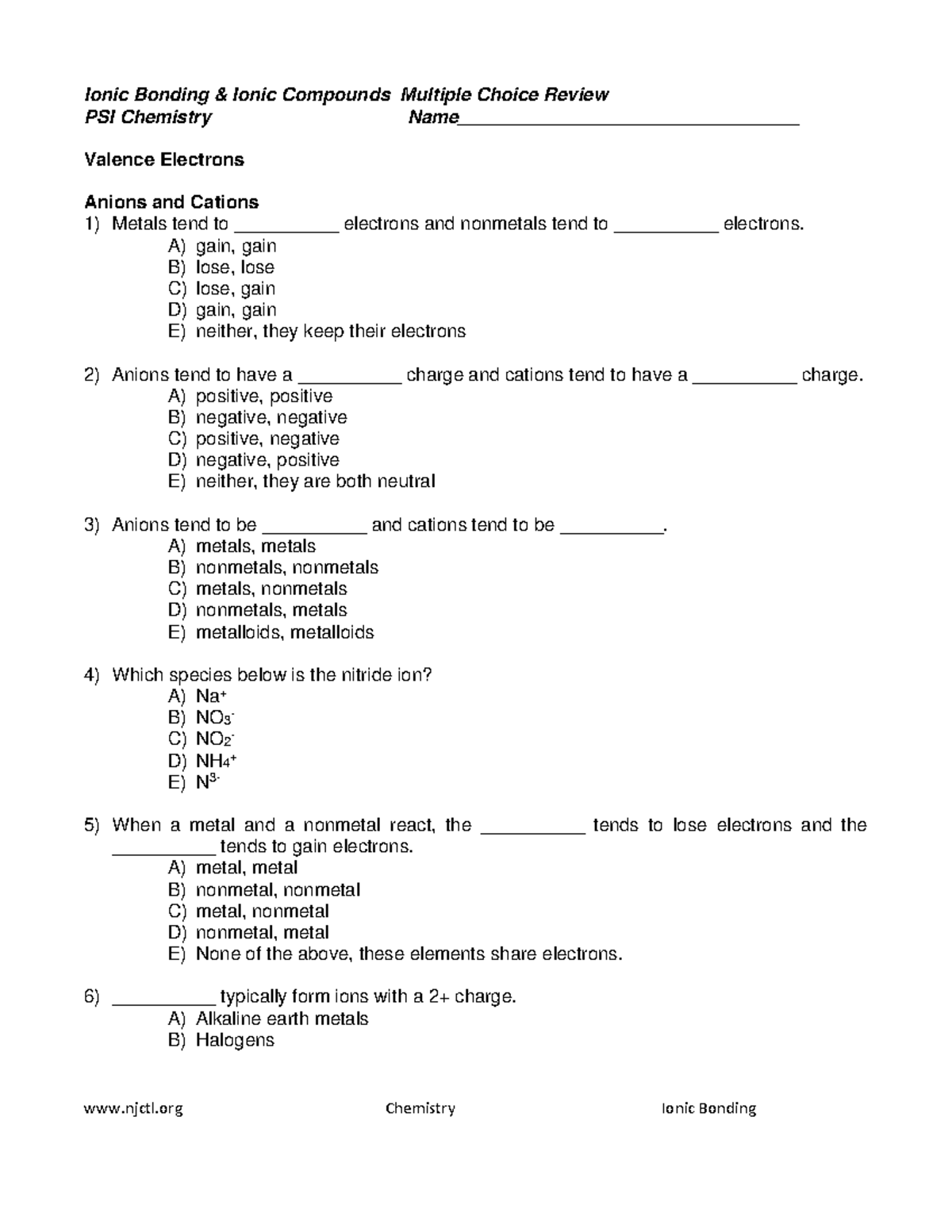 Quiz - Quiz - Ionic Bonding & Ionic Compounds Multiple Choice Review ...