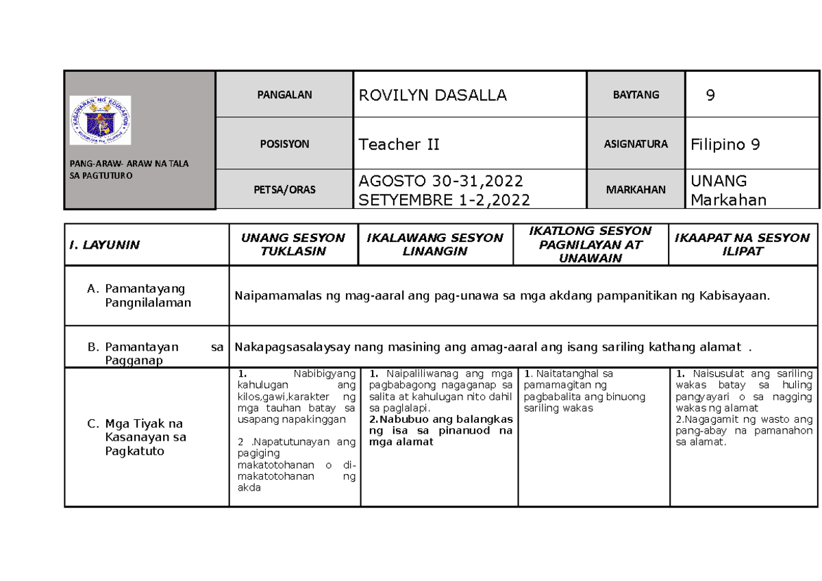 DLL Filipino-2022 - DLL - PANG-ARAW- ARAW NA TALA SA PAGTUTURO PANGALAN ROVILYN DASALLA BAYTANG ...