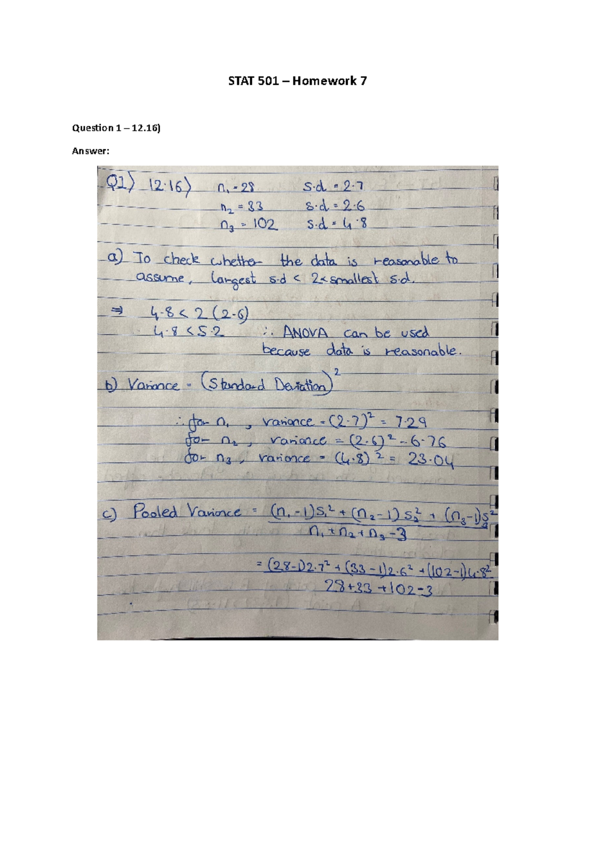 Homework-7 for STAT 501 - STAT 501 – Homework 7 Question 1 – 12) Answer ...