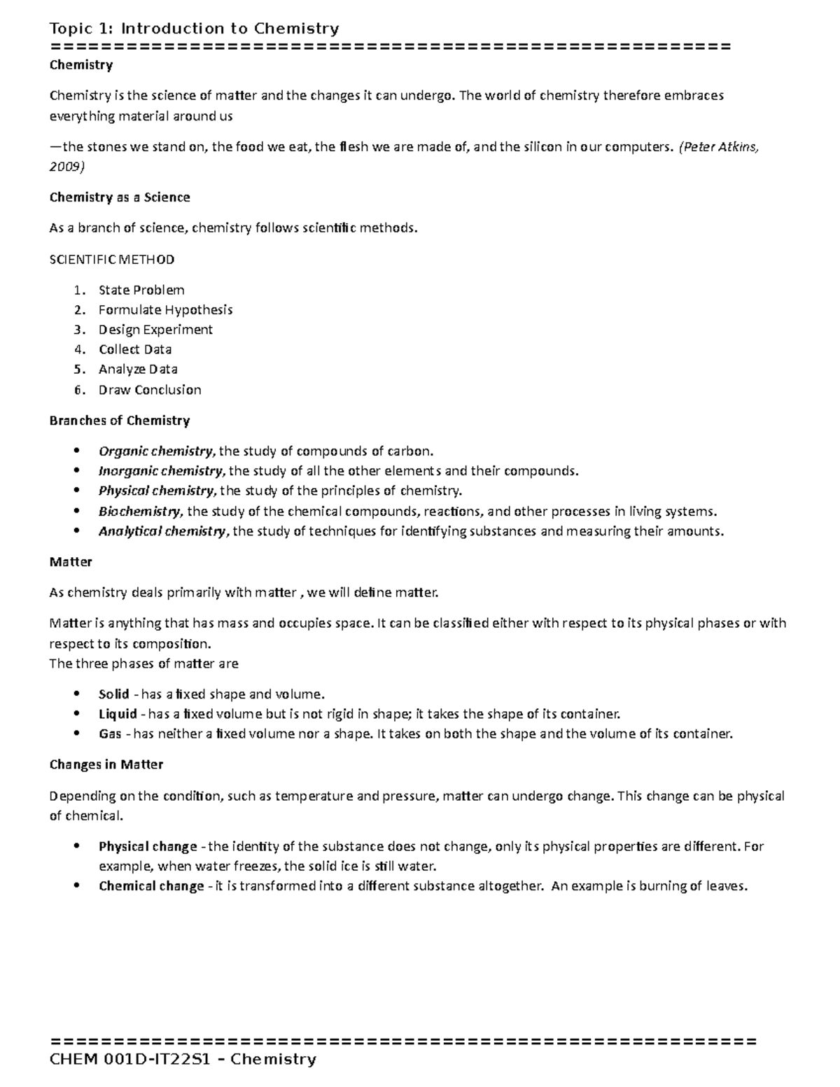Prelim Reviewer - Chemistry - **Topic 1: Introduction to Chemistry ...