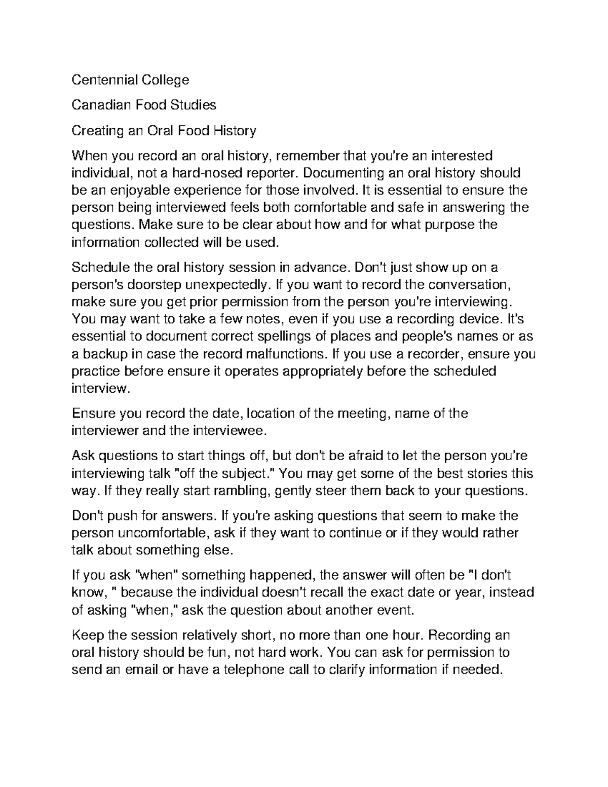 Oral Food History Questionnaire - Centennial College Canadian Food ...