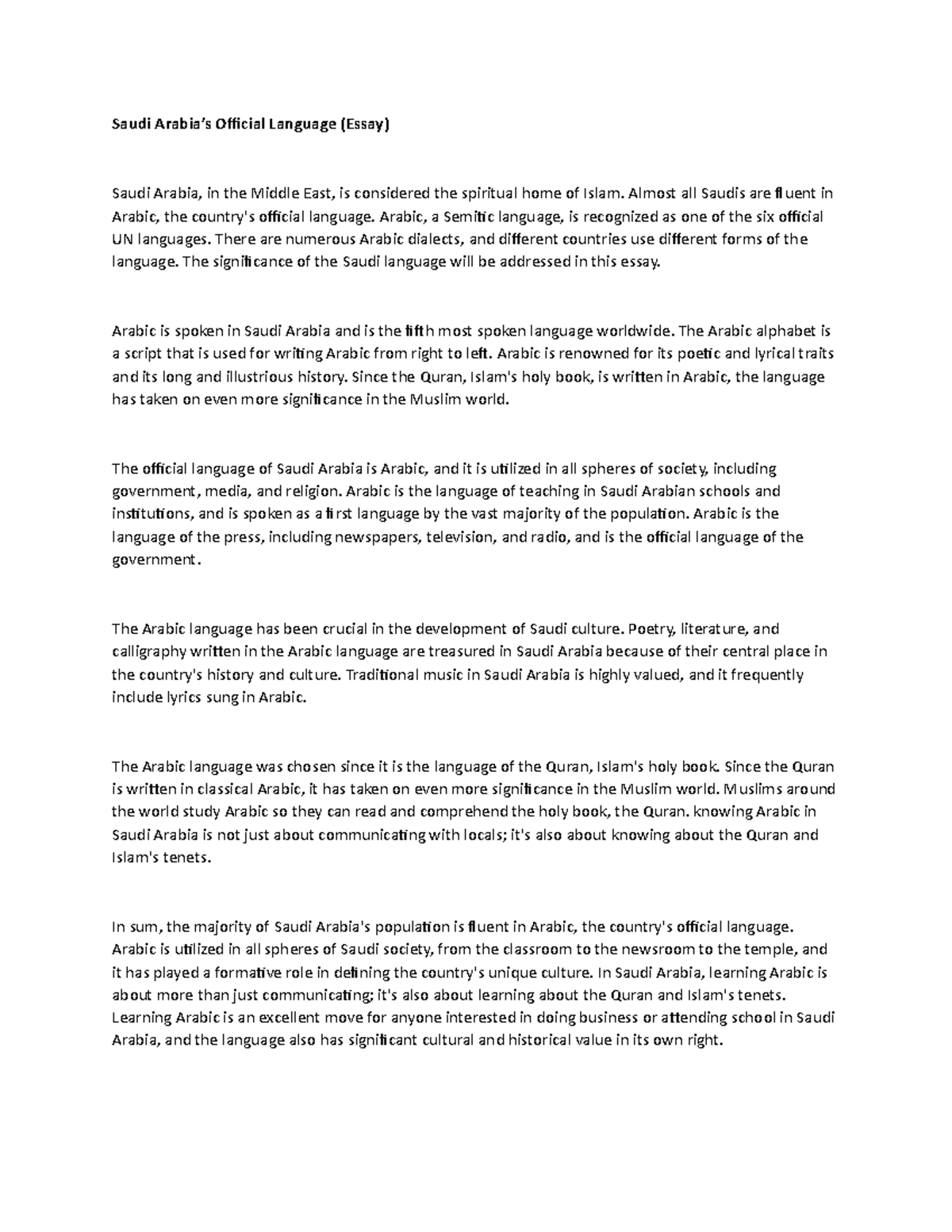 Saudi Arabia’s Official Language (Essay) - Saudi Arabia’s Official ...