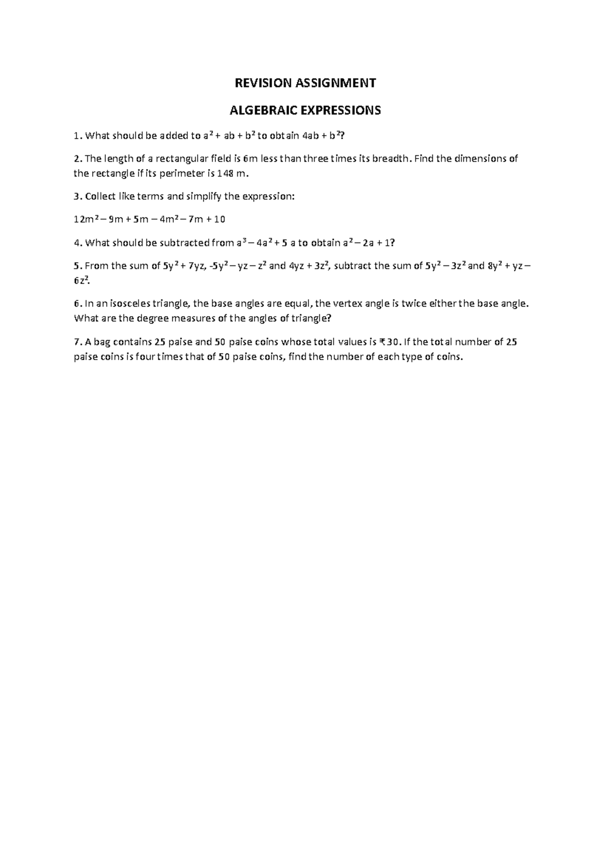 Algebraic Expressions Revision Assignment - REVISION ASSIGNMENT ALGEBRAIC EXPRESSIONS What ...