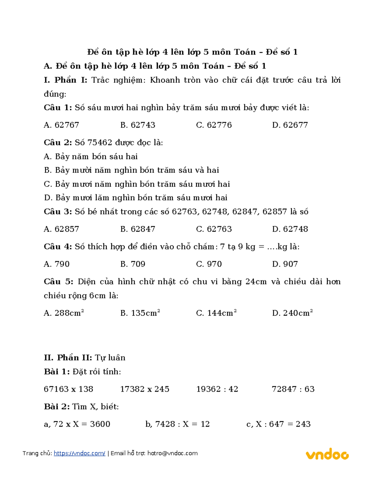 De on tap he lop 4 len lop 5 mon toan de 1 - Đề ôn tập hè lớp 4 lên lớp 5 môn Toán – Đề số 1 A ...