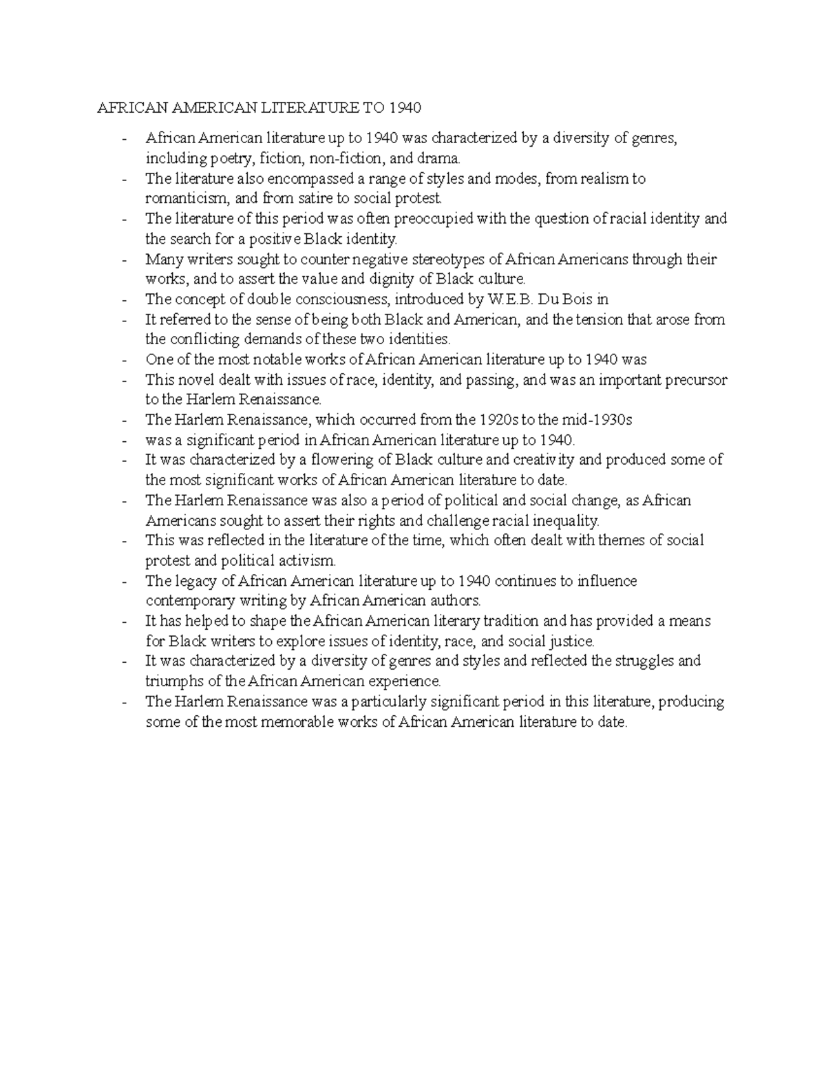 African American Literature TO 1940 Notes 2 - AFRICAN AMERICAN ...