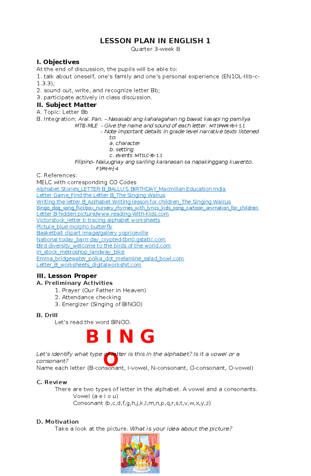 Lesson Plan - B I N G O LESSON PLAN IN ENGLISH 1 Quarter 3-week 8 I ...