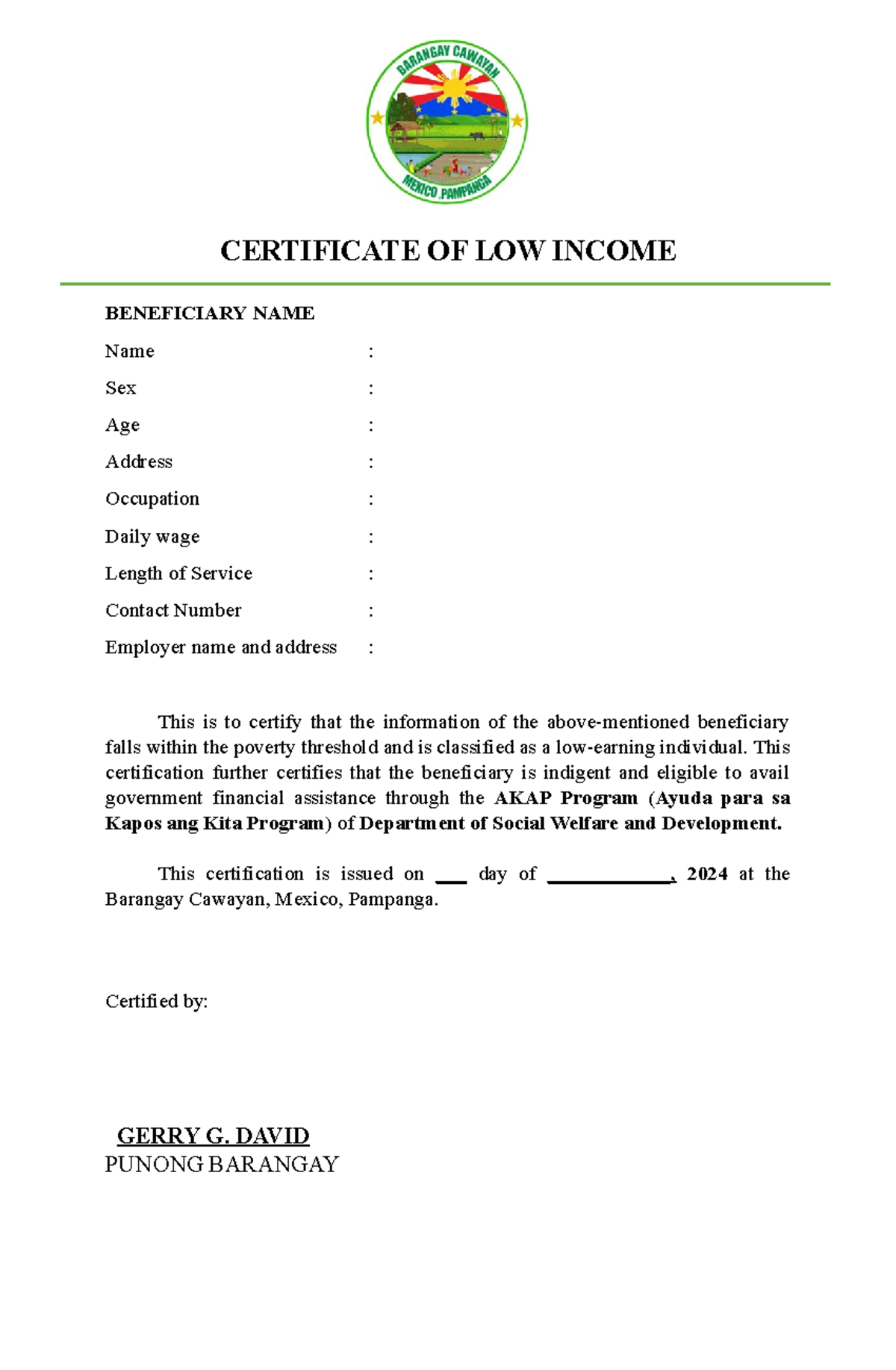 Certificate OF LOW Income Blank - CERTIFICATE OF LOW INCOME BENEFICIARY ...