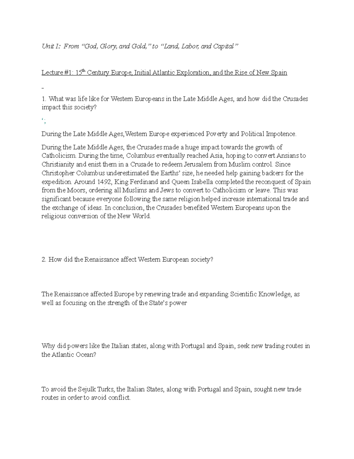 Exam 1 Study Guide HIST 1301 - Unit I: From Glory, and to Labor, and ...