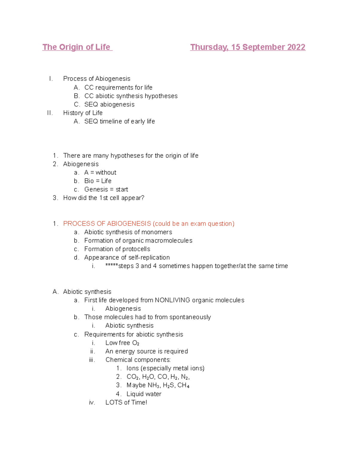 Gen Bio 115- Origin of life - The Origin of Life Thursday, 15 September ...