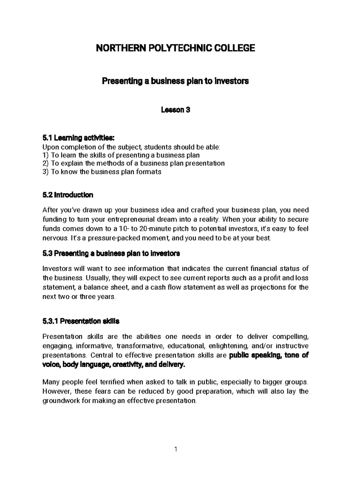 Lesson 3 Presenting A Business PLAN TO Investors Class Notes - NORTHERN ...